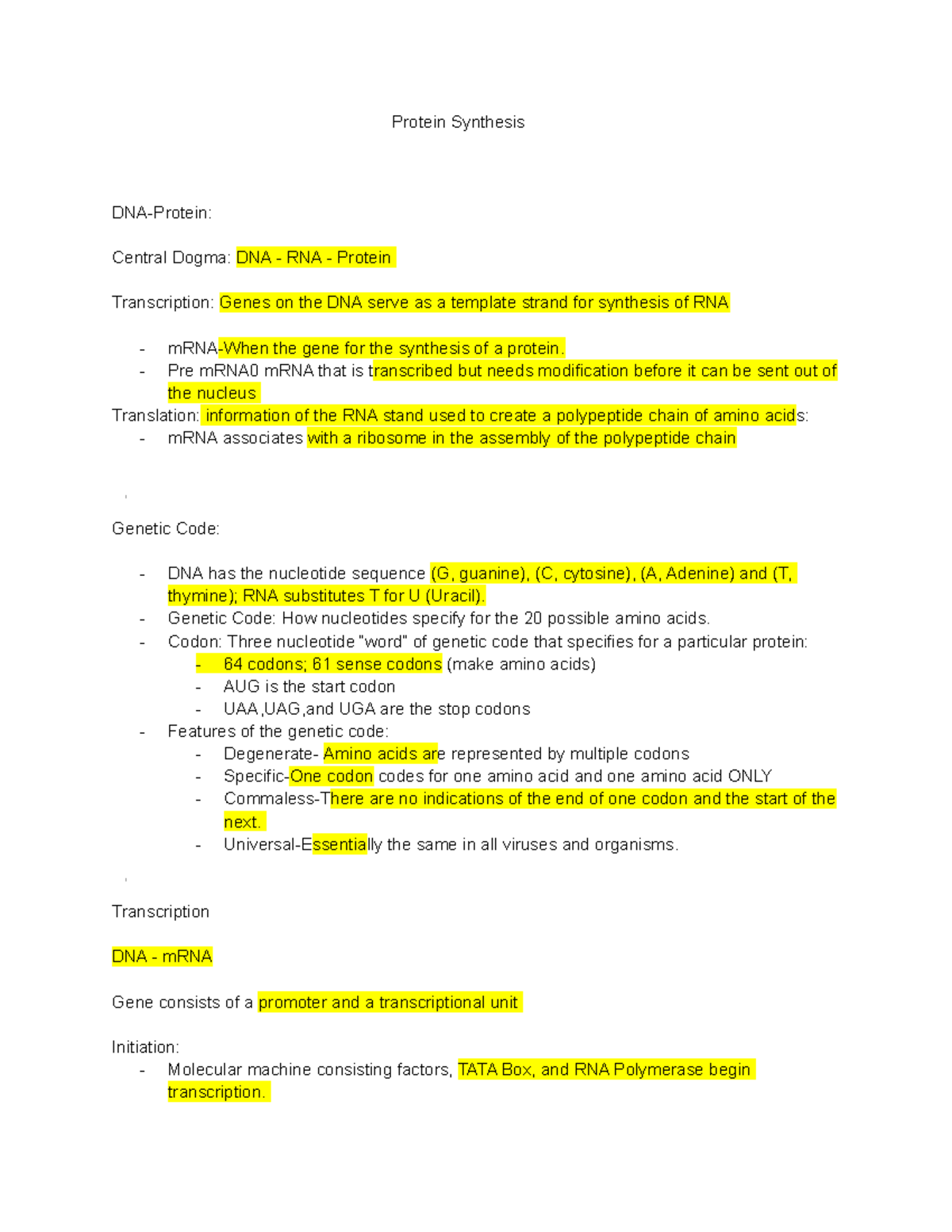Exam 4 - Exam Review Notes - Protein Synthesis DNA-Protein: Central ...