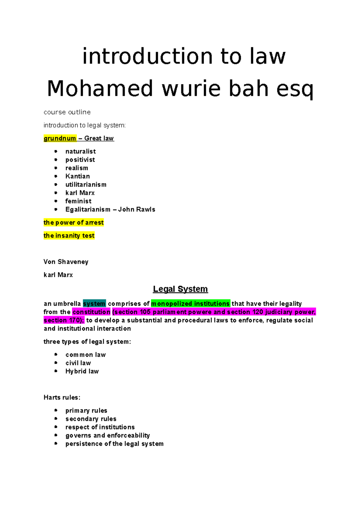 Introduction to law - introduction to law Mohamed wurie bah esq course ...