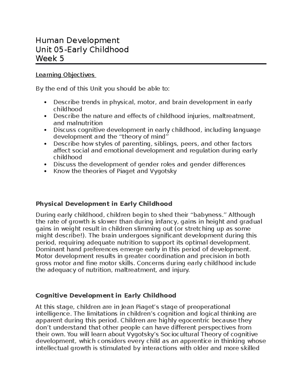 Human Development Unit 5 - Human Development Unit 05-Early Childhood ...