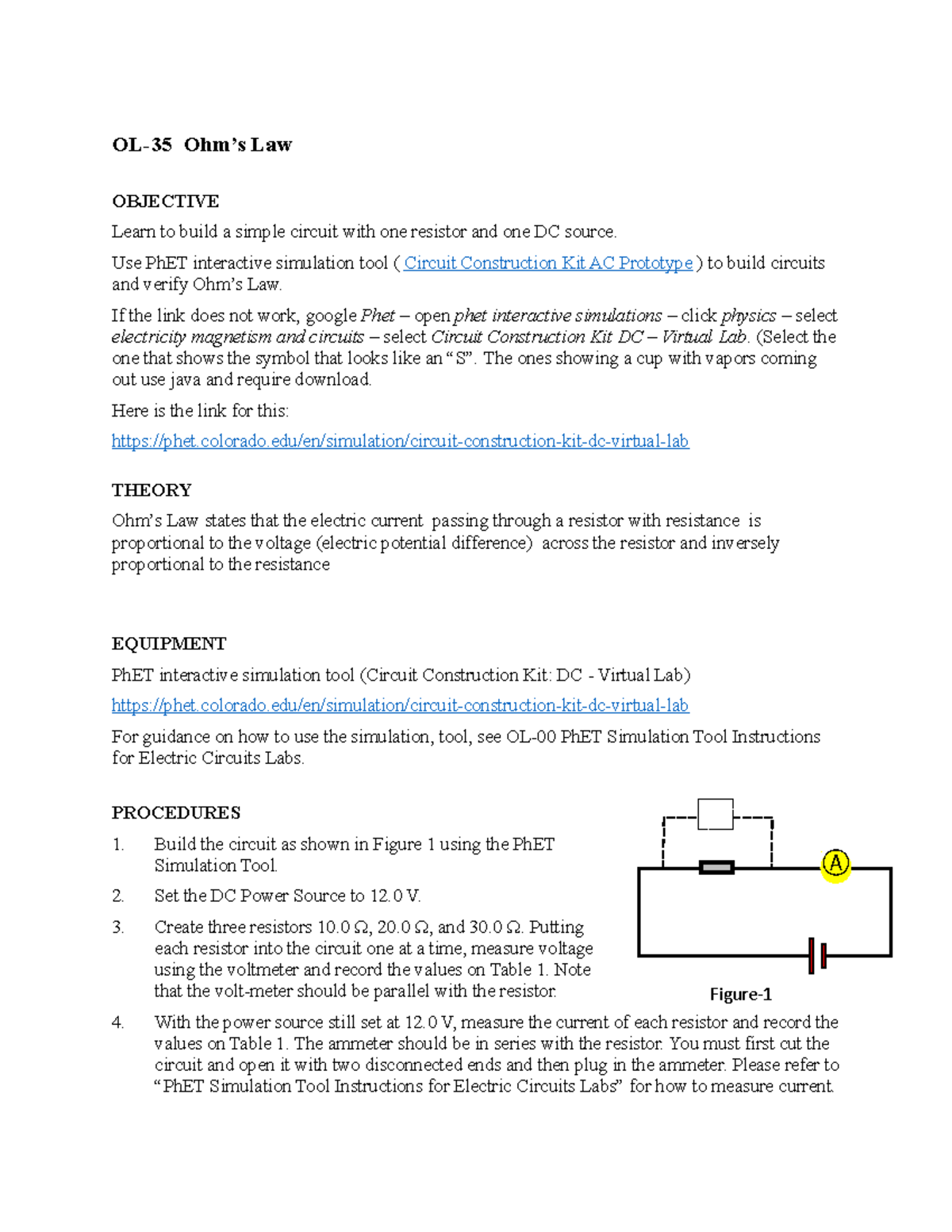 Lab 2-Ohm's Law - Using Ph ET simulation - OL-35 Ohm’s Law OBJECTIVE ...