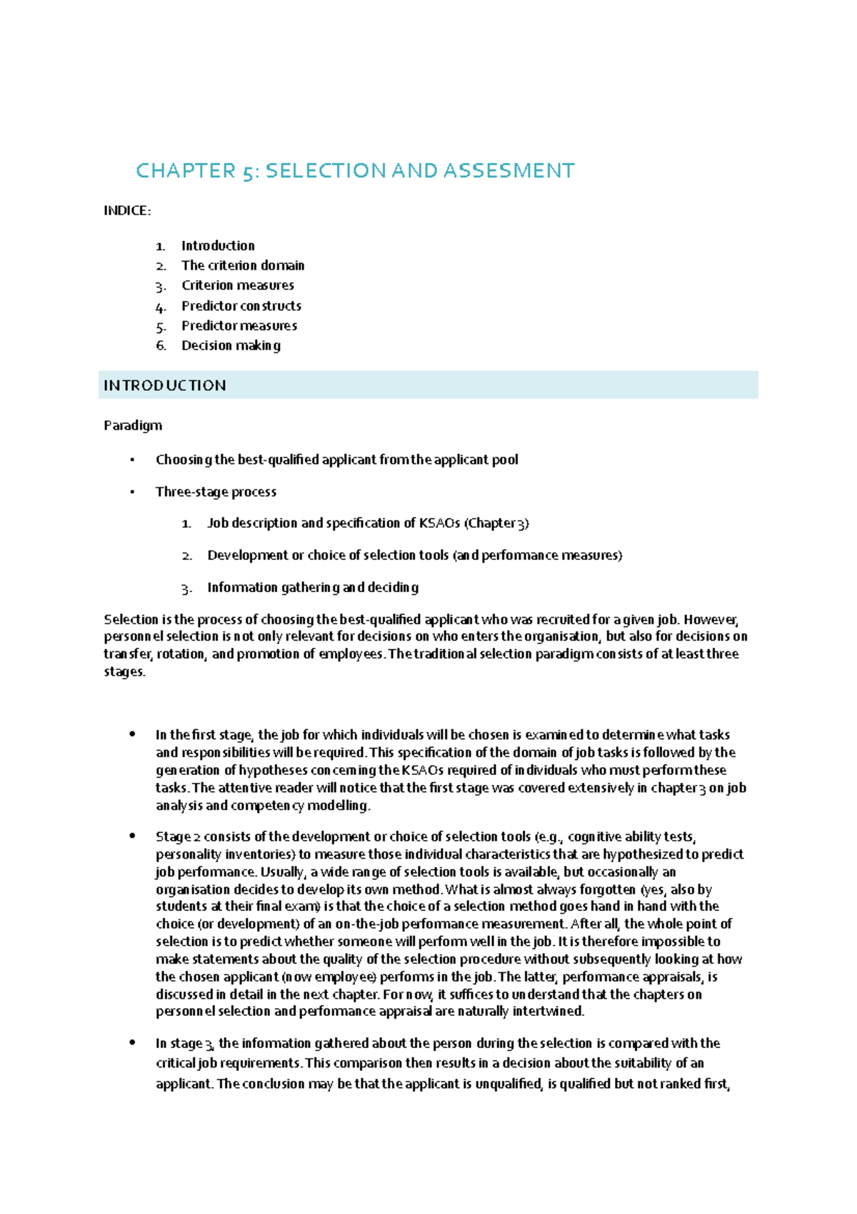 Chapter 5 A - CHAPTER 5: SELECTION AND ASSESMENT INDICE: Introduction ...