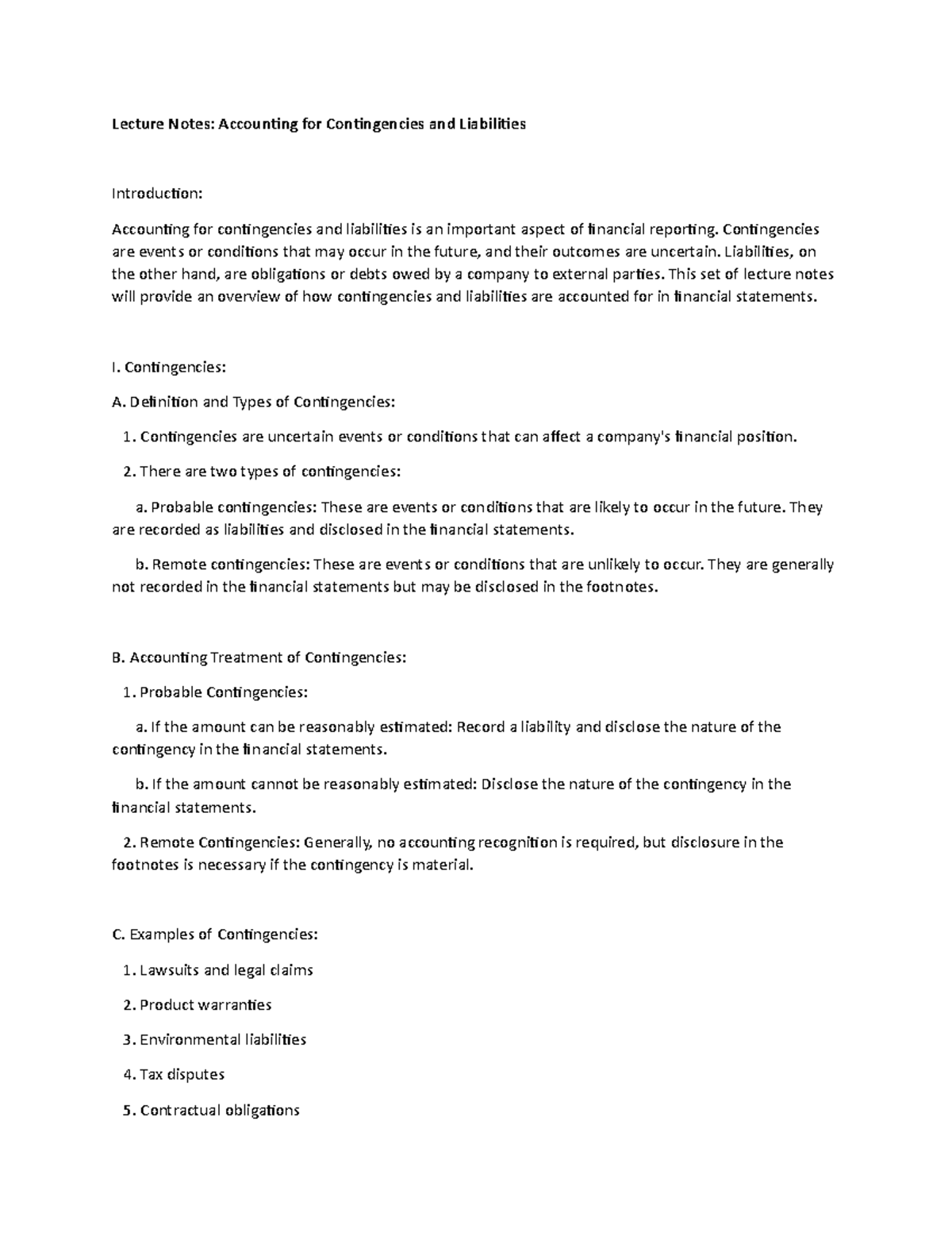 Lecture Notes Accounting For Contingencies And Liabilities Lecture Notes Accounting For