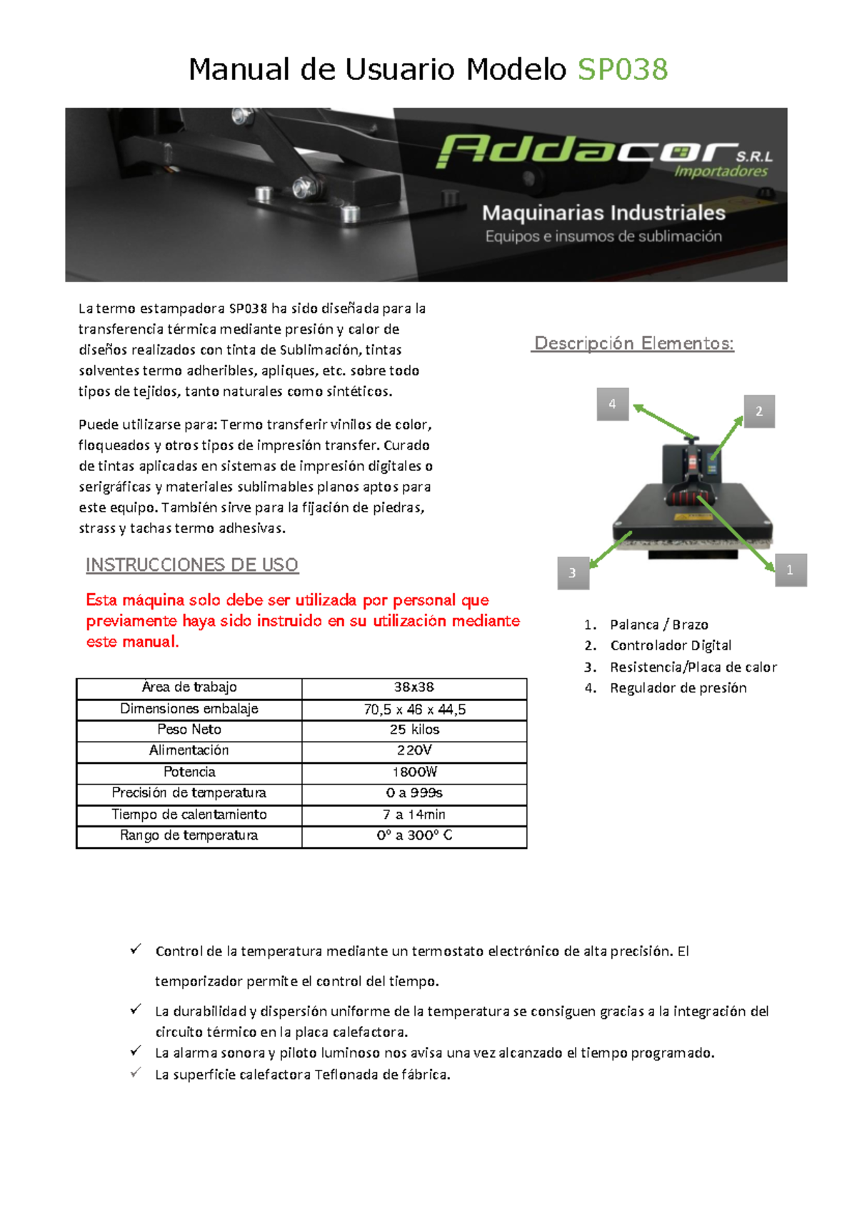 Manual Operacional SP038 - Manual de Usuario Modelo SP Descripción ...