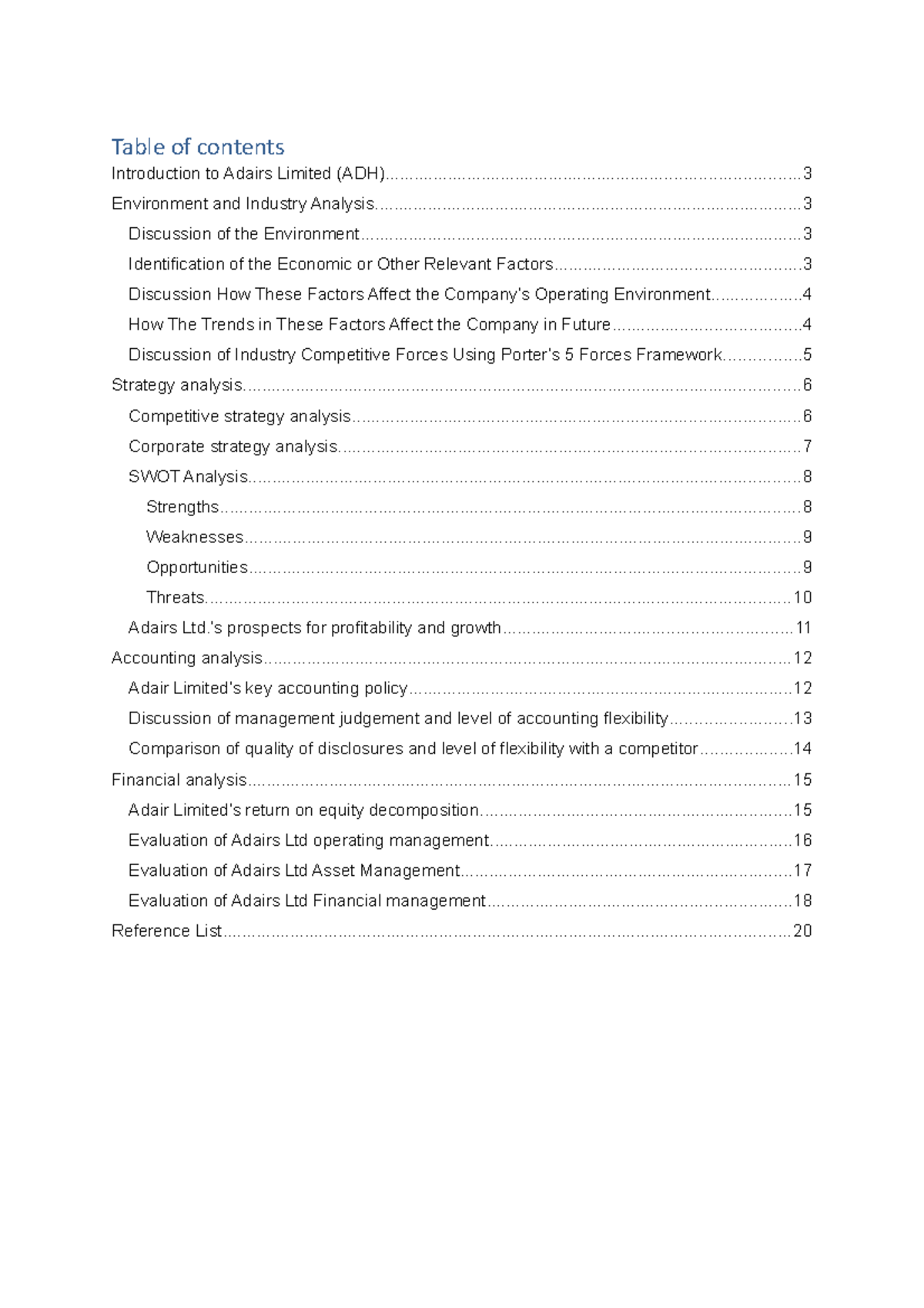 ACCG3050 Group Report 13 - Table of contents Introduction to Adairs ...
