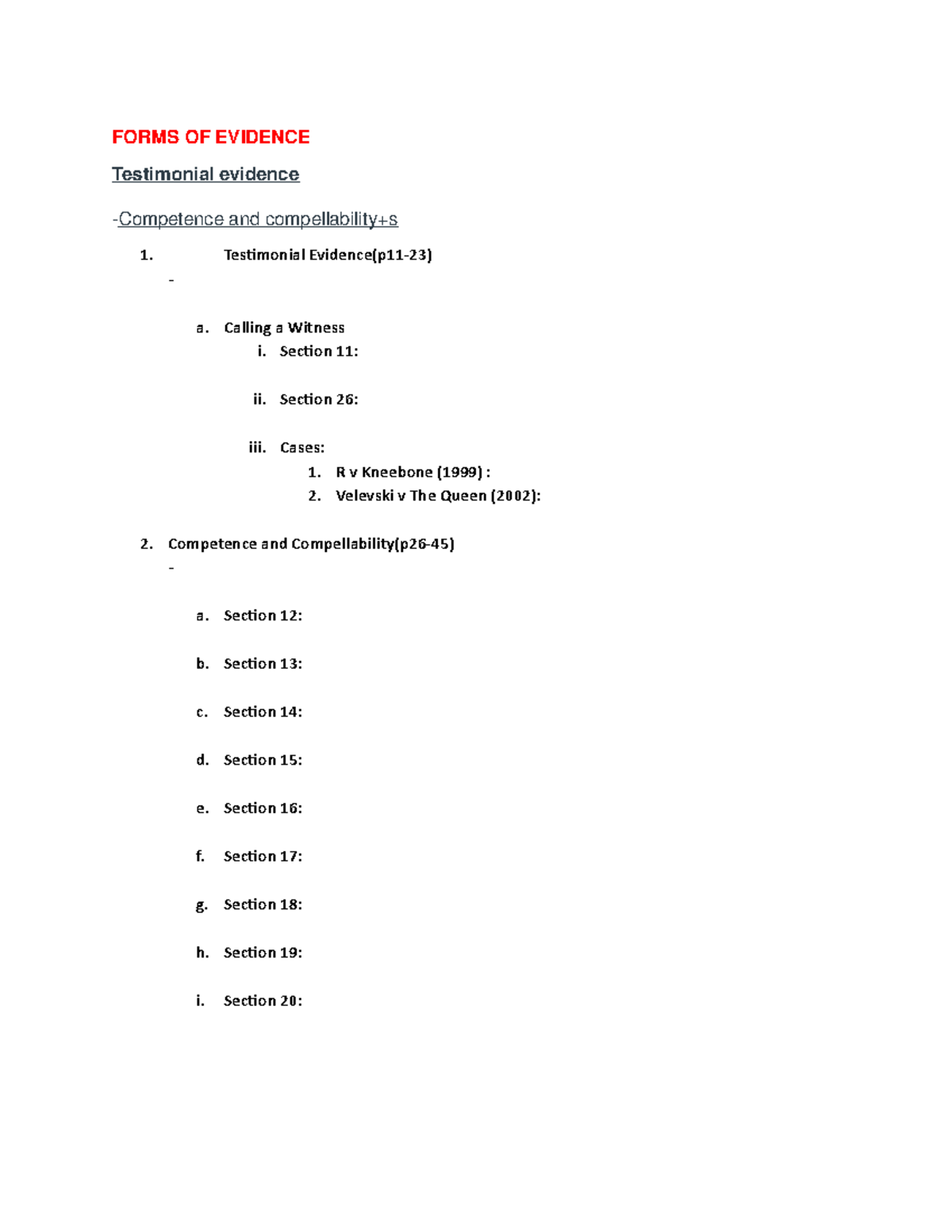Exam Notes - Evidence - template for relevant sections and cases ...