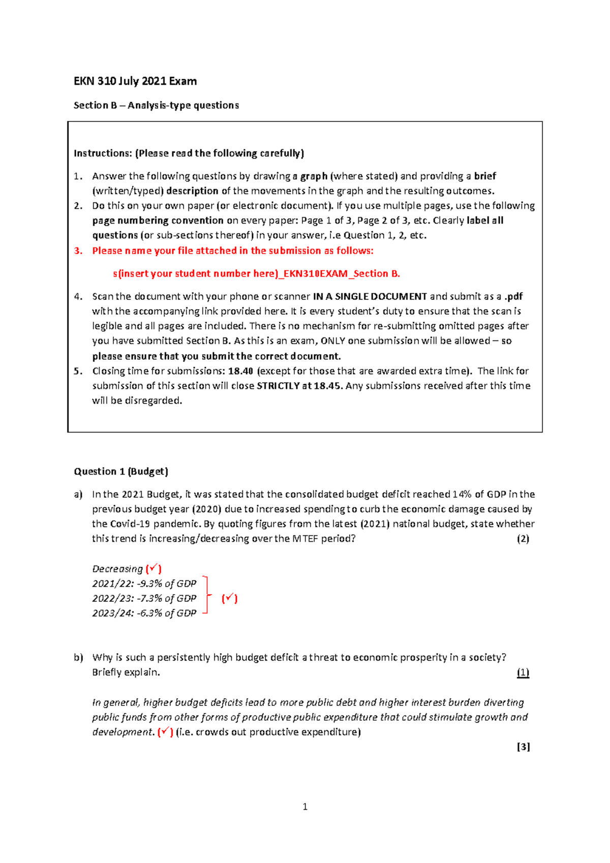 EKN310 2021 Exam and memo - EKN 310 July 2021 Exam Section B – Analysis-type questions ...