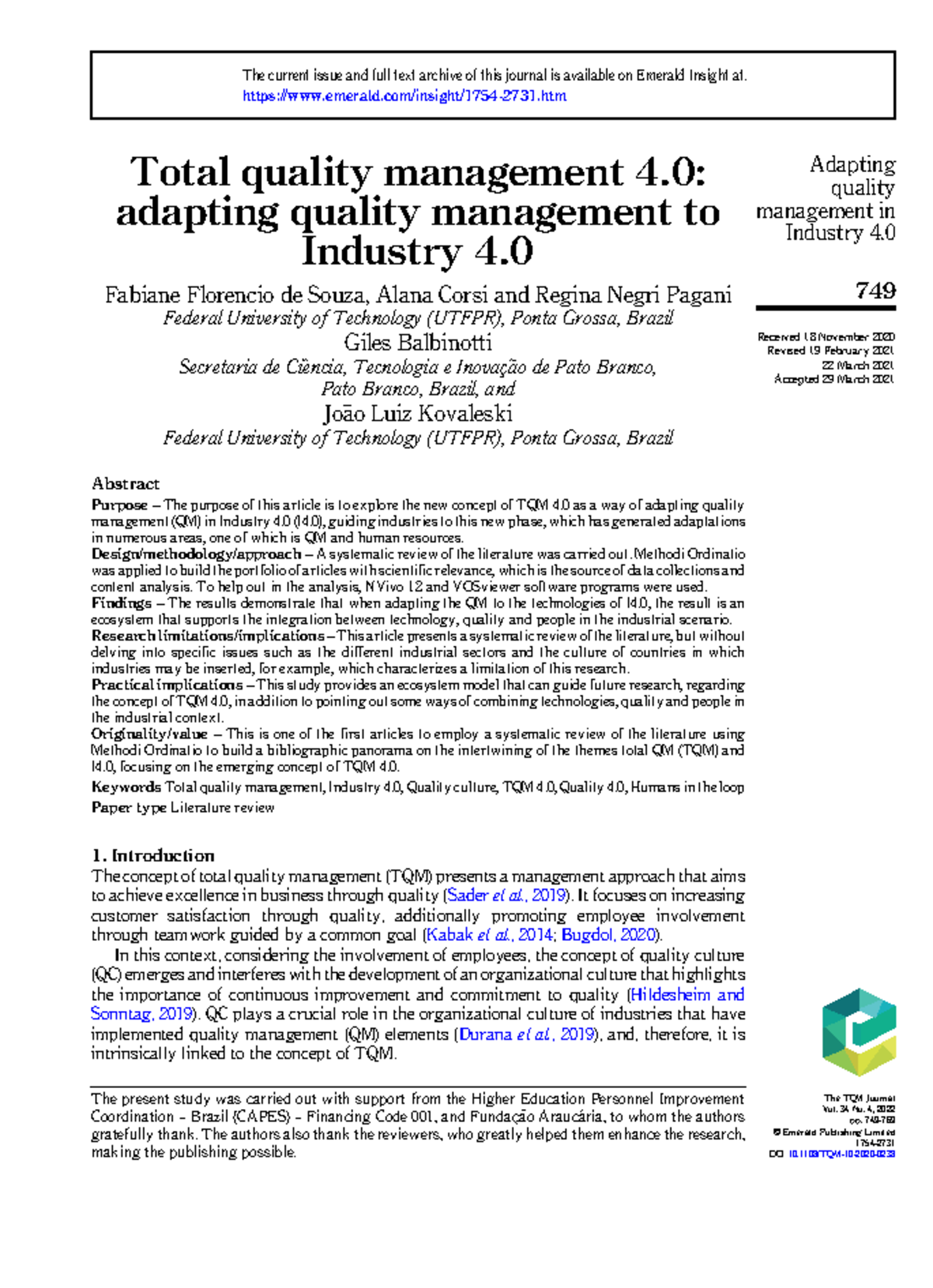 Article 1 TQM - Total quality management 4: adapting quality management ...