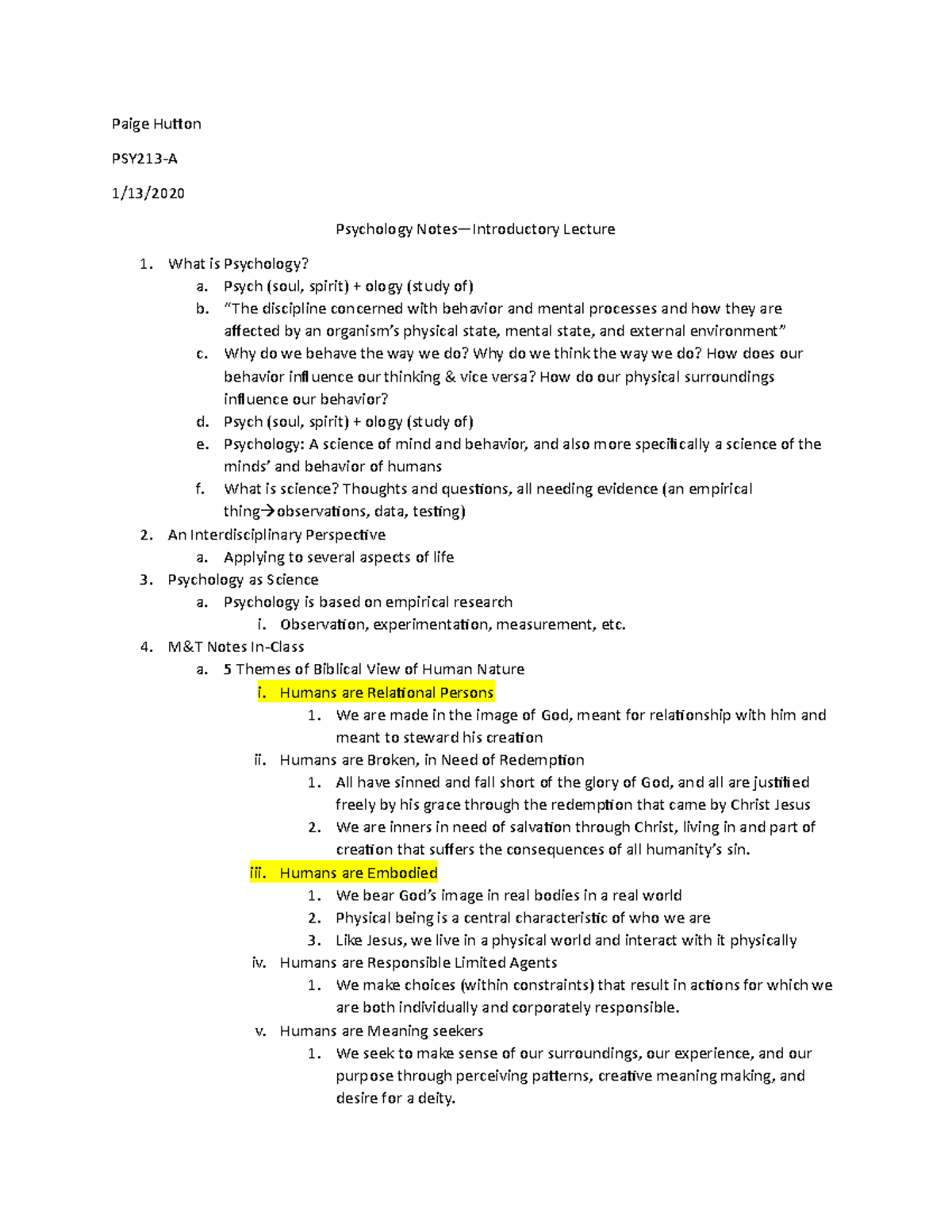 PSY213 Intro Notes - Paige Hutton PSY213-A 1/13/ Psychology Notes ...