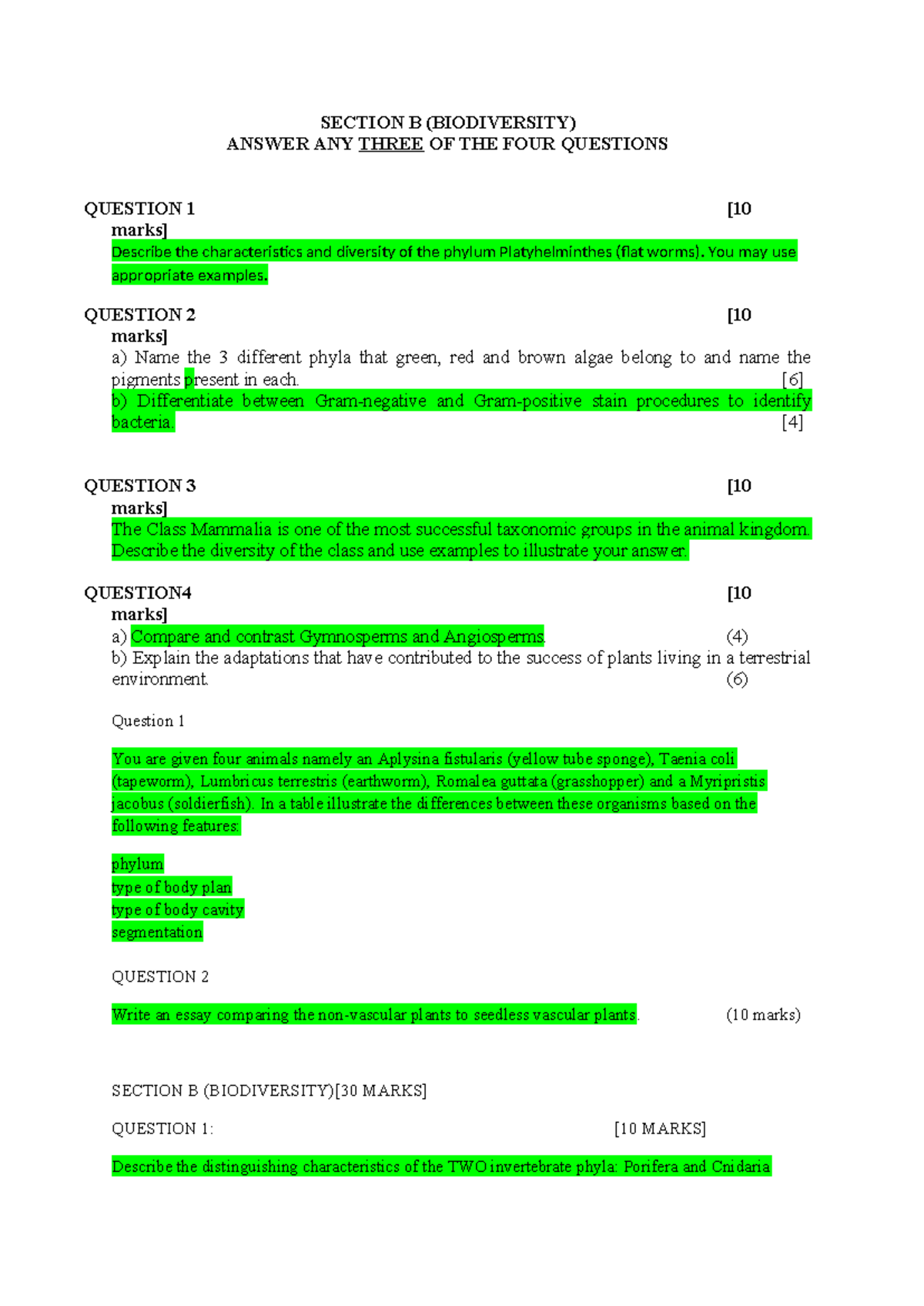 LSC142 Typical EXAM Question - SECTION B (BIODIVERSITY) ANSWER ANY ...