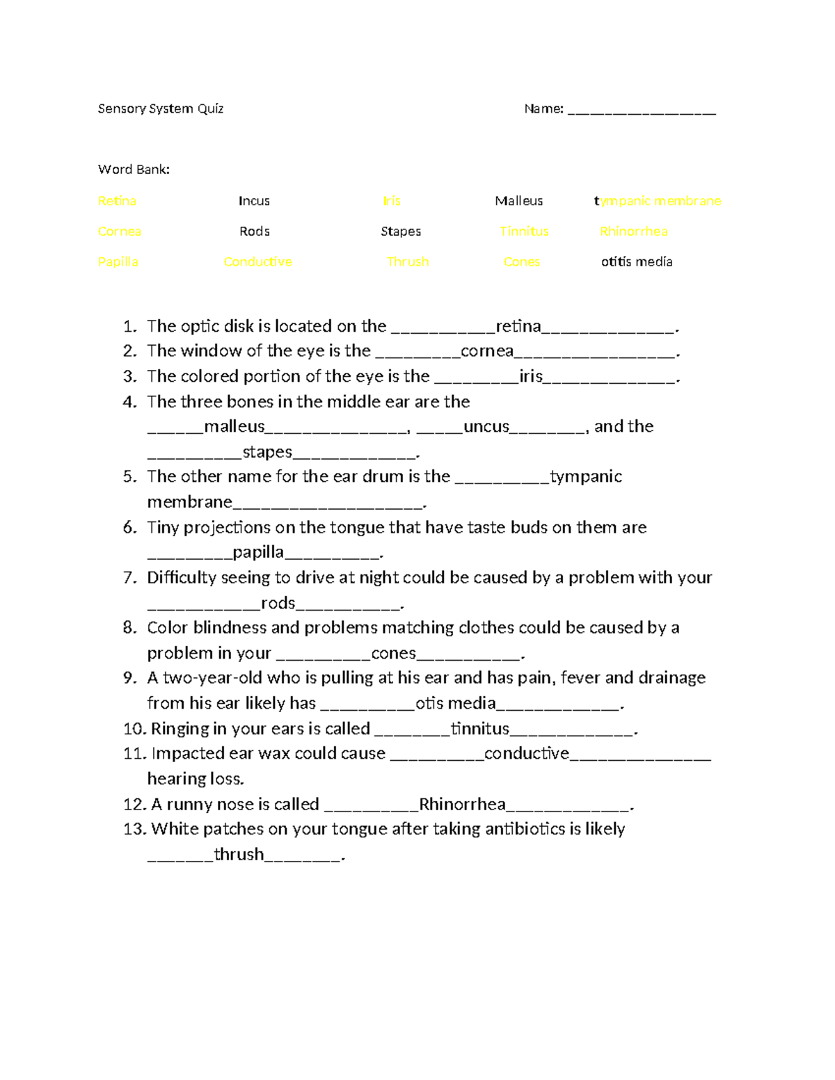 Sensory System Review Quiz - Sensory System Quiz Name ...
