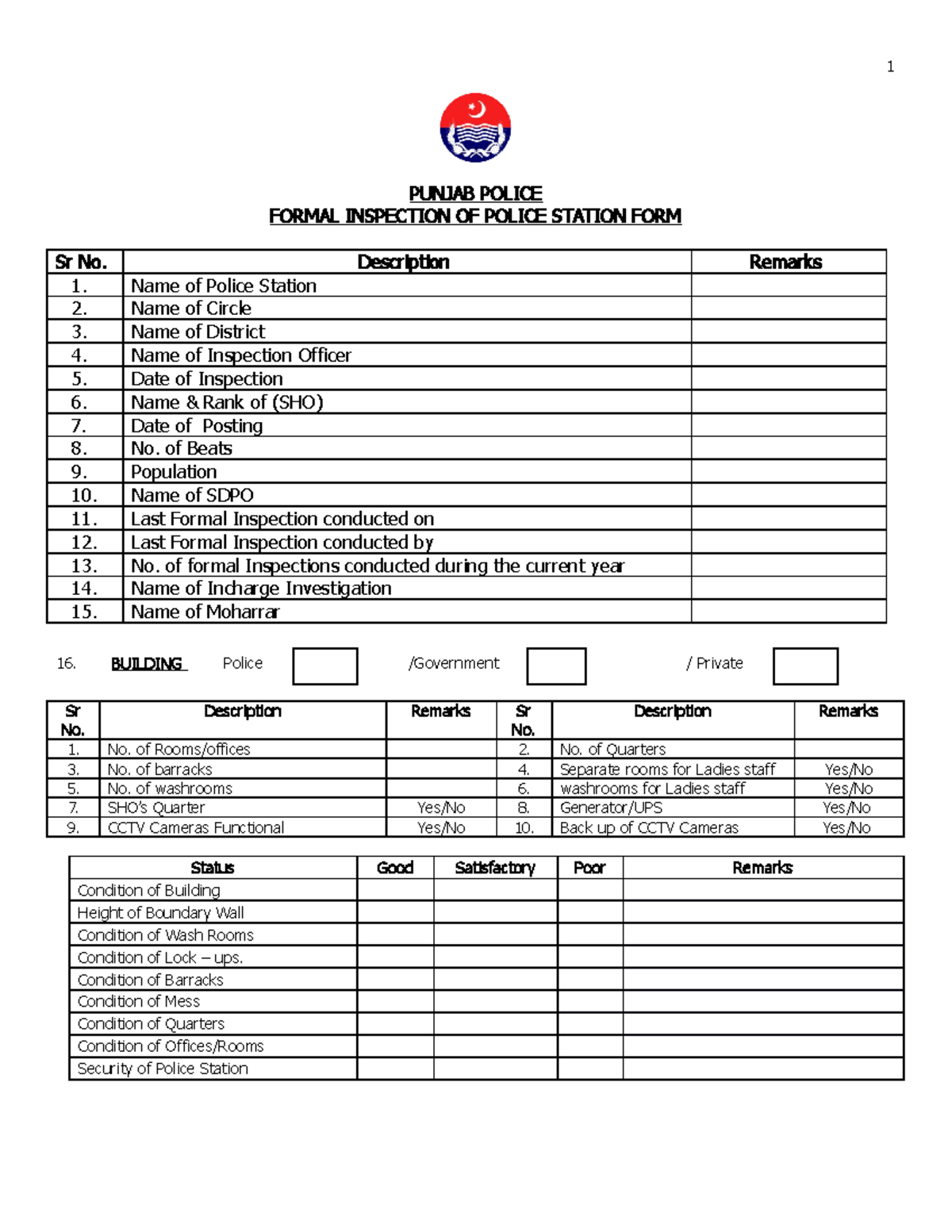Police Station Formal Inspection - PUNJAB POLICE FORMAL INSPECTION OF ...