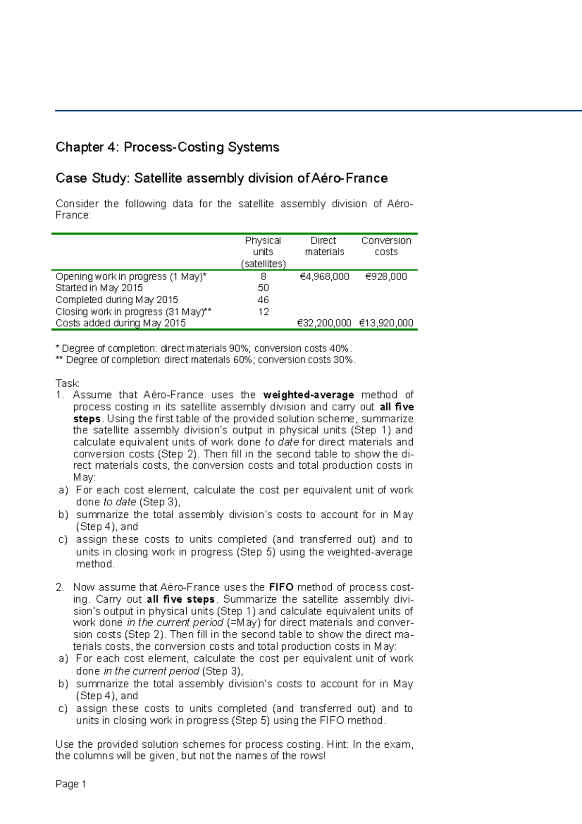 Cost Acc Case Ch 04 satellites Solution - Chapter 4: Process-Costing ...