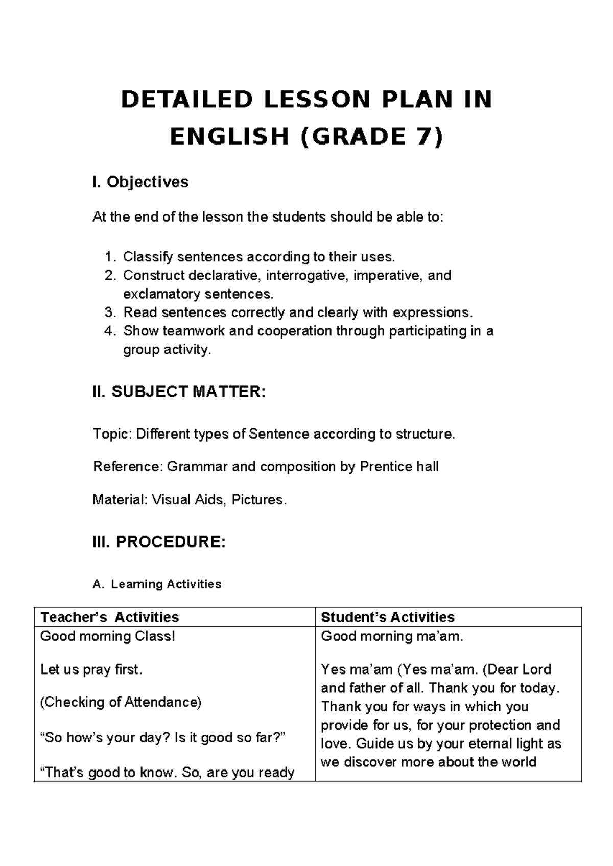 Detailed Lesson PLAN IN English Grade 7 - DETAILED LESSON PLAN IN ...