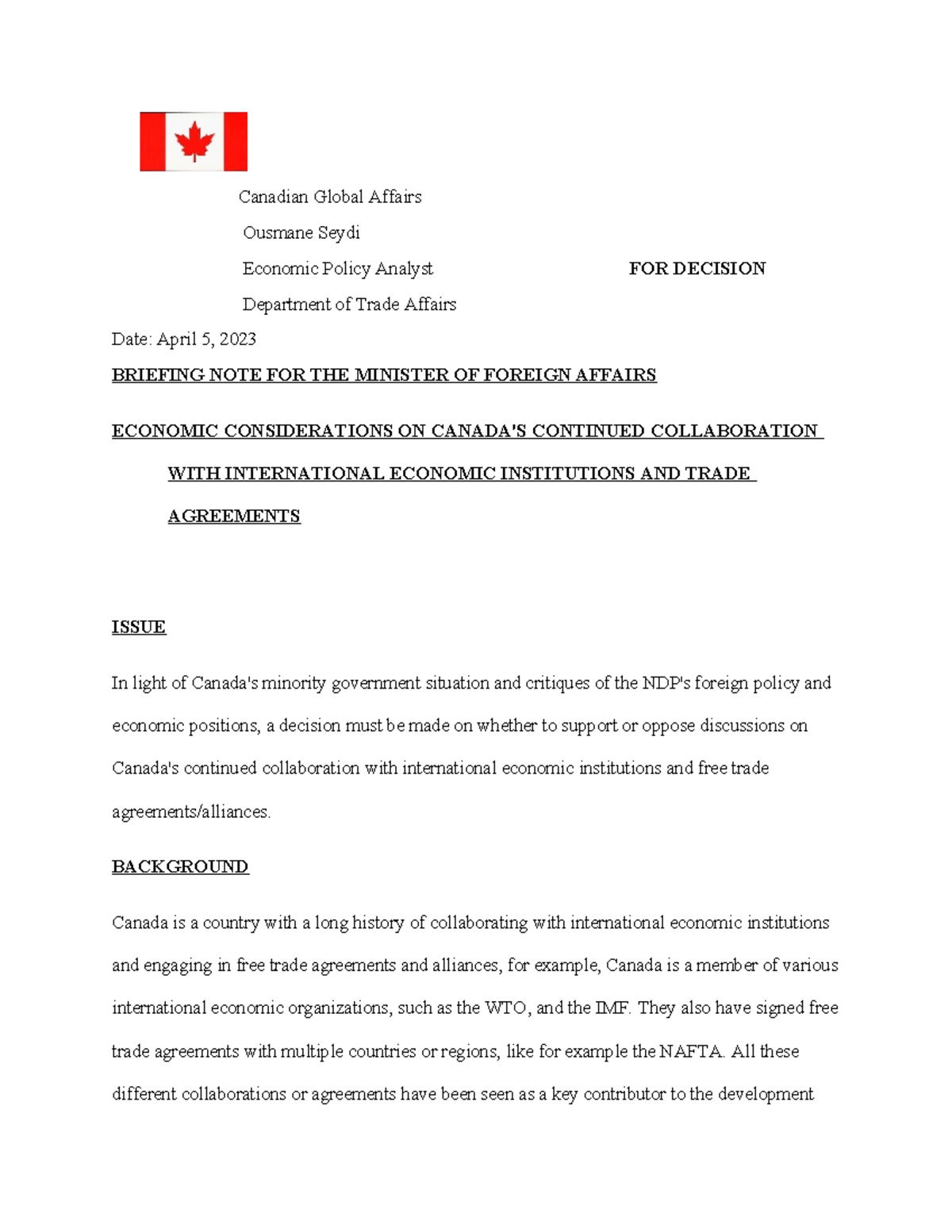 Briefing note 3 - bri - Canadian Global Affairs Ousmane Seydi Economic ...