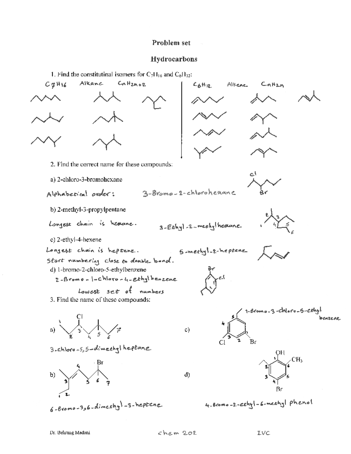 Problem set Organic answer key - Problem set Hydrocarbons 1. Find the ...