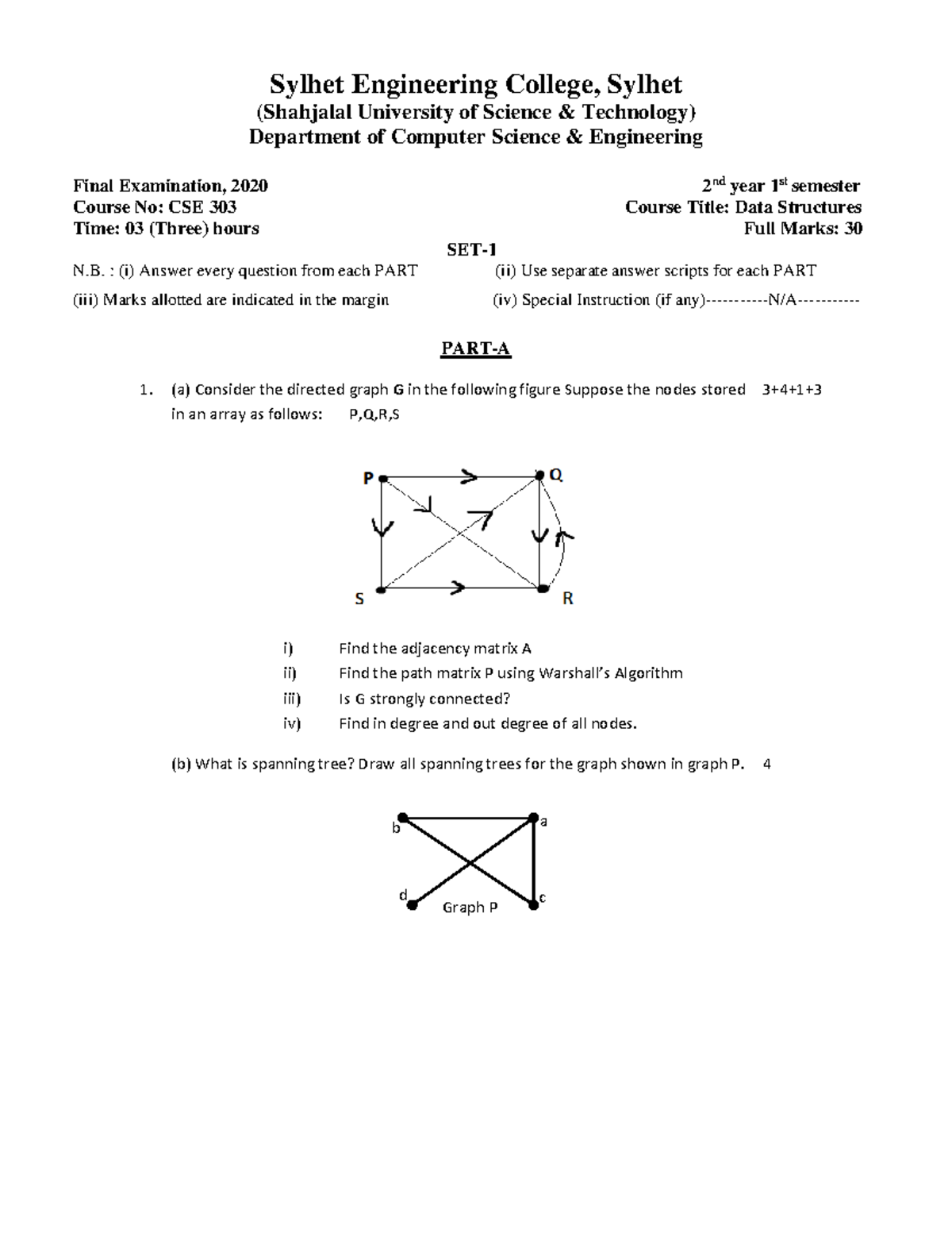 CSE 303 DS Set 1 Qsn - Question - 1. (a) Consider the directed graph G in the following figure ...