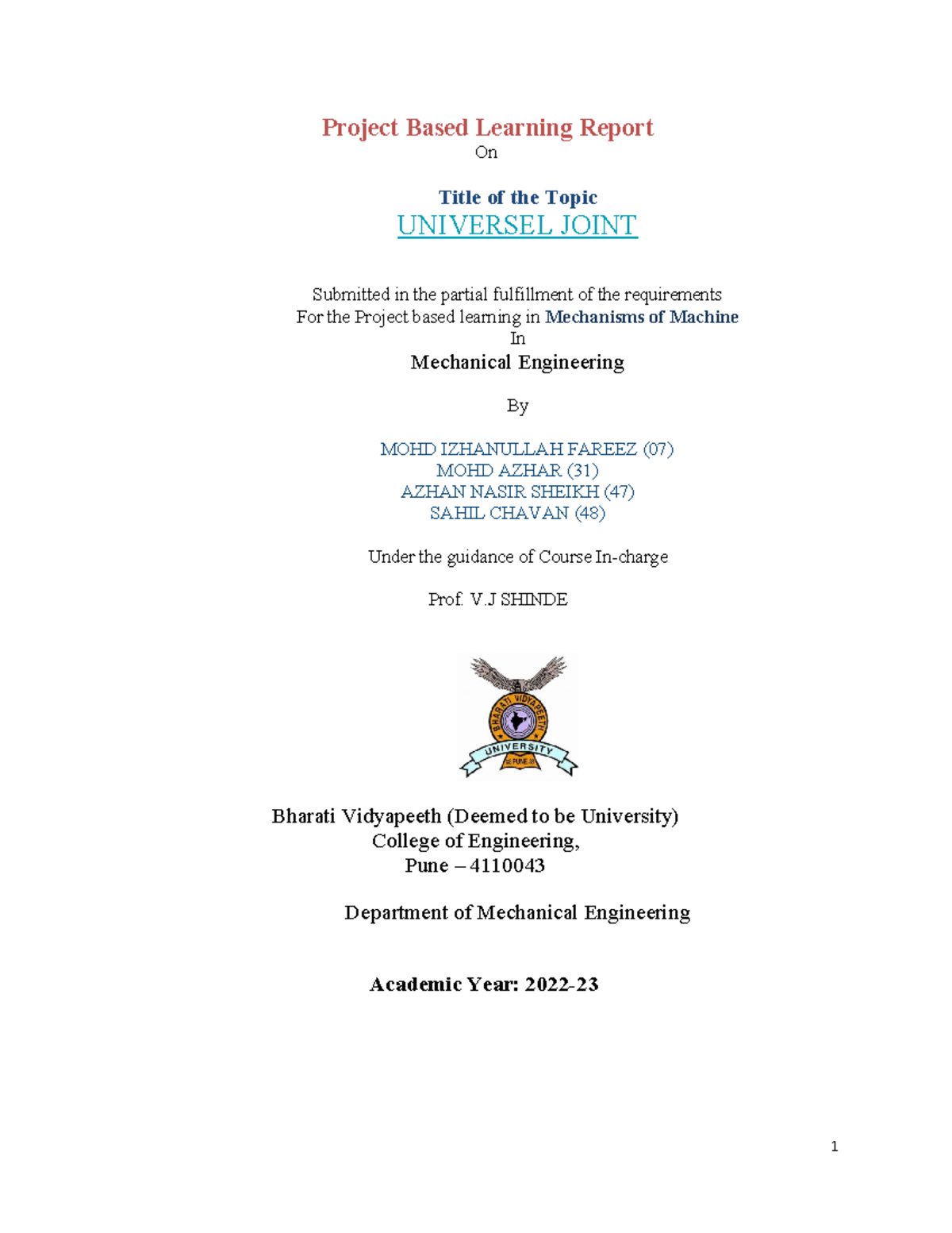 MOM report - ...... - Project Based Learning Report On Title of the ...