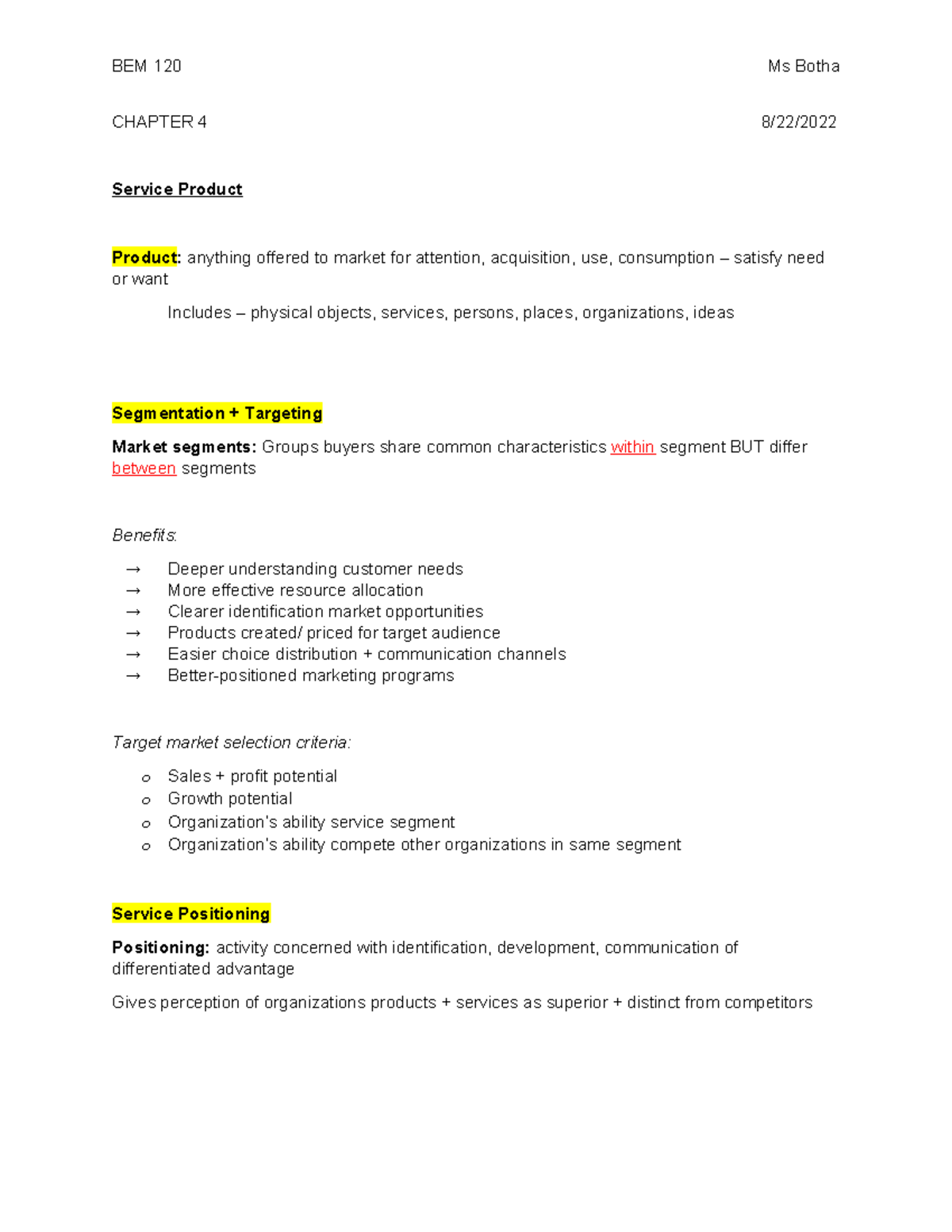 BEM Ch4 notes - BEM 120 - CHAPTER 4 8/22/ Service Product Product ...