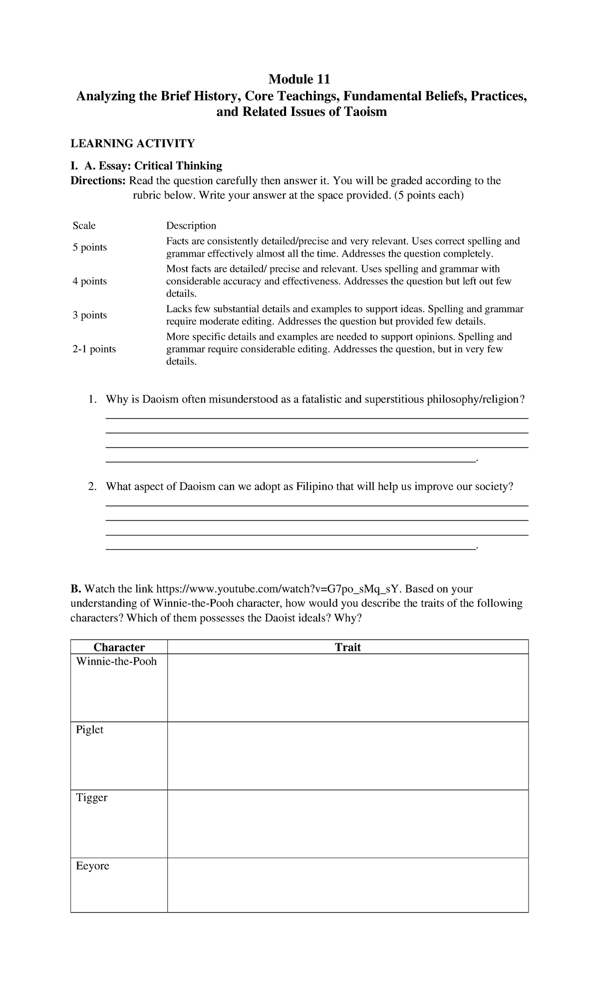 SOC.SCI.3 Answer Sheet 11 - Module 11 Analyzing the Brief History, Core Teachings, Fundamental ...