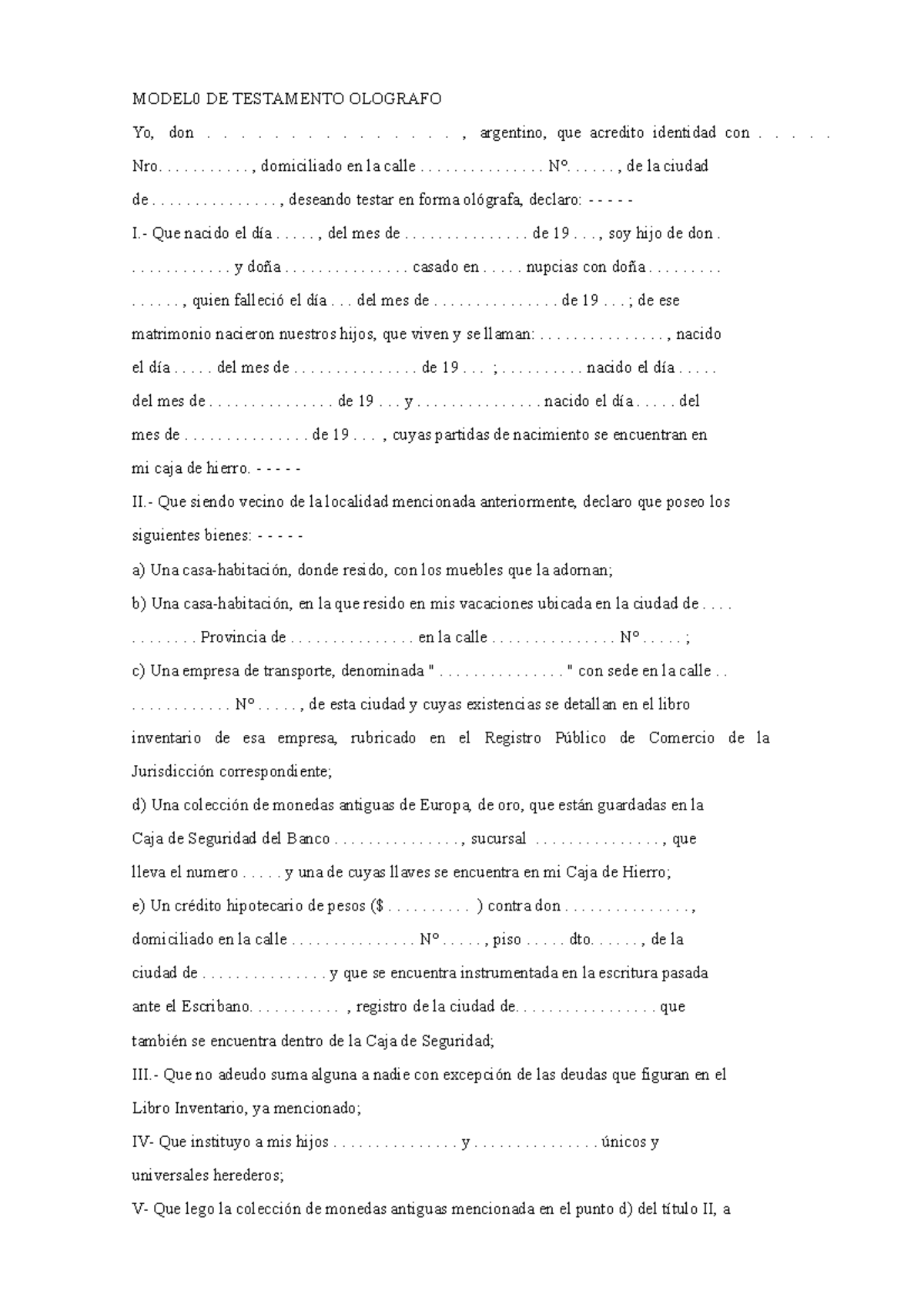 Model 0 DE Testamento Olografo - MODEL0 DE TESTAMENTO OLOGRAFO Yo, don ...