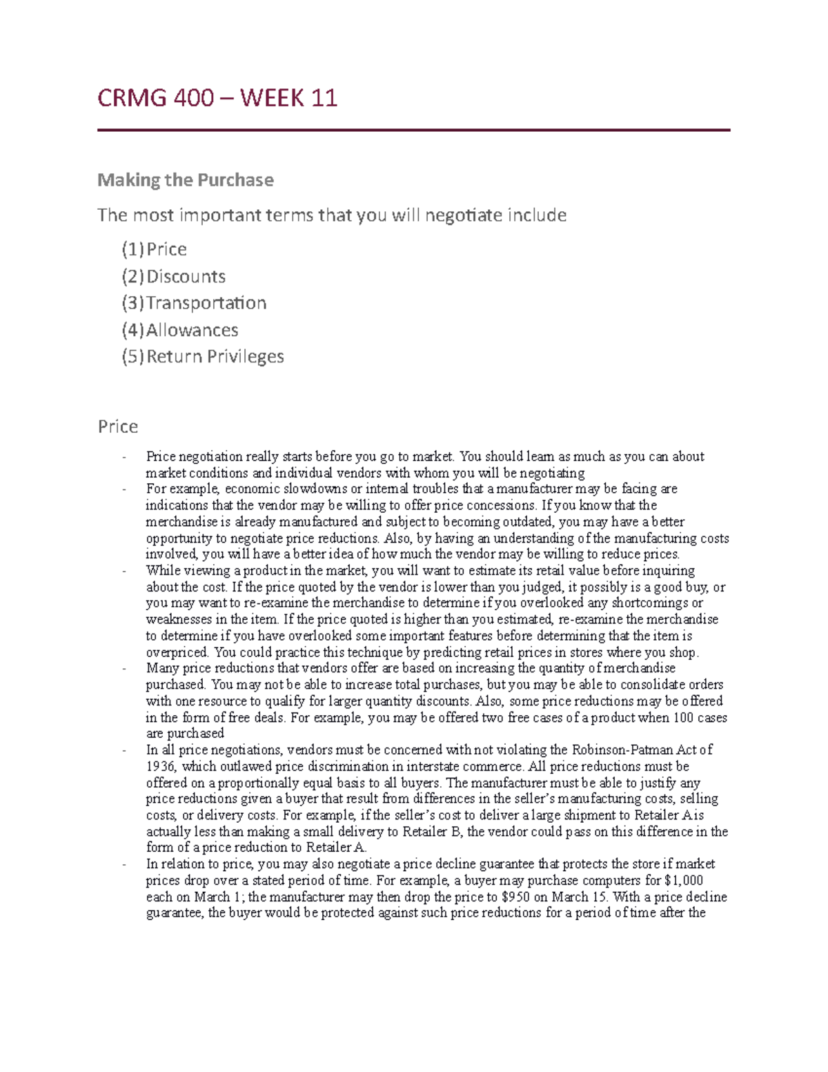 CRMG 400 - Week 11 - Lecture notes 11 - CRMG 400 – WEEK 11 Making the ...