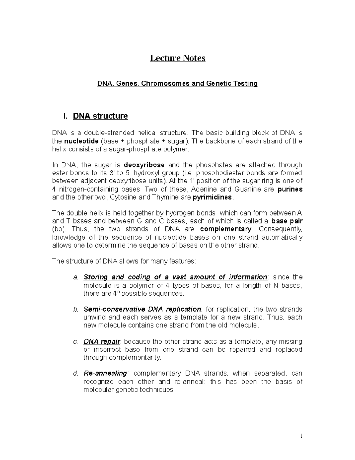 AUB BS-MLSP Genetics Lecture notes ONE DNA, genes, chromosomes and ...