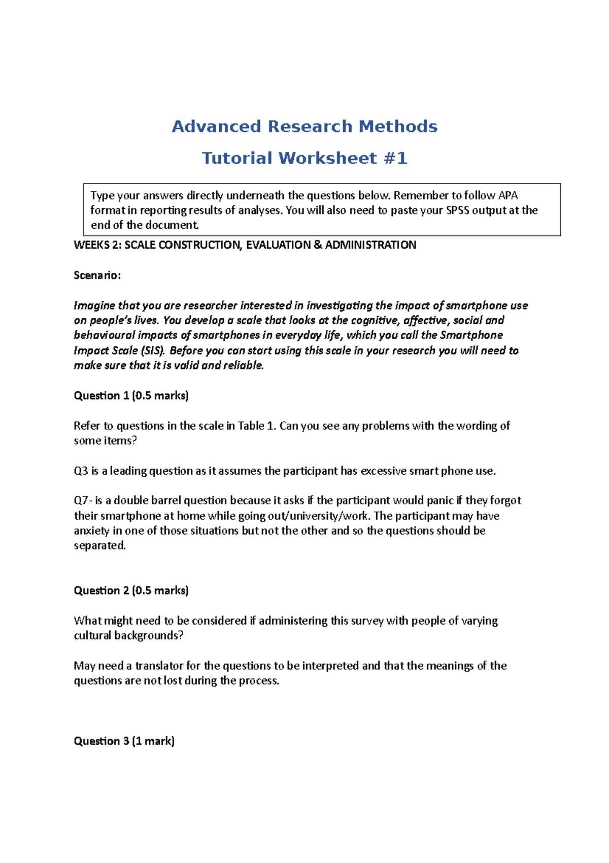 ARMWorrksheet 1 - Tutorial worksheet 1 assignment - Advanced Research Methods Tutorial Worksheet ...