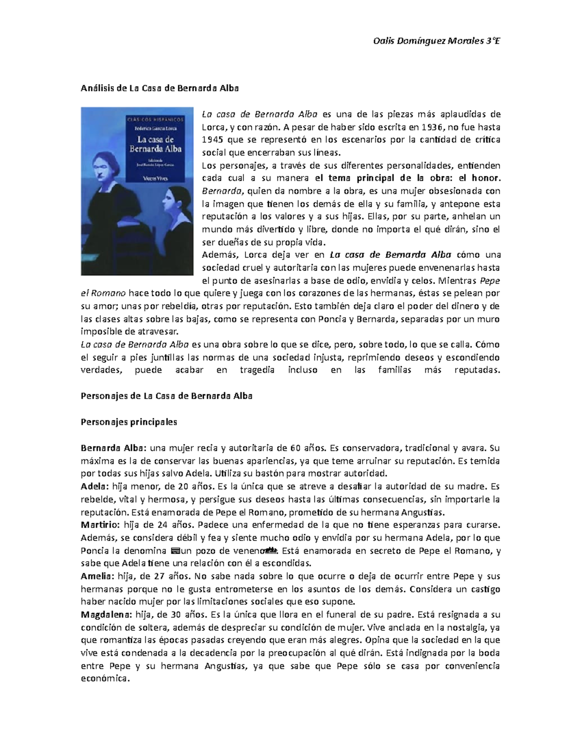 Análisis de La Casa de Bernarda Alba - Oalis Domínguez Morales 3°E ...