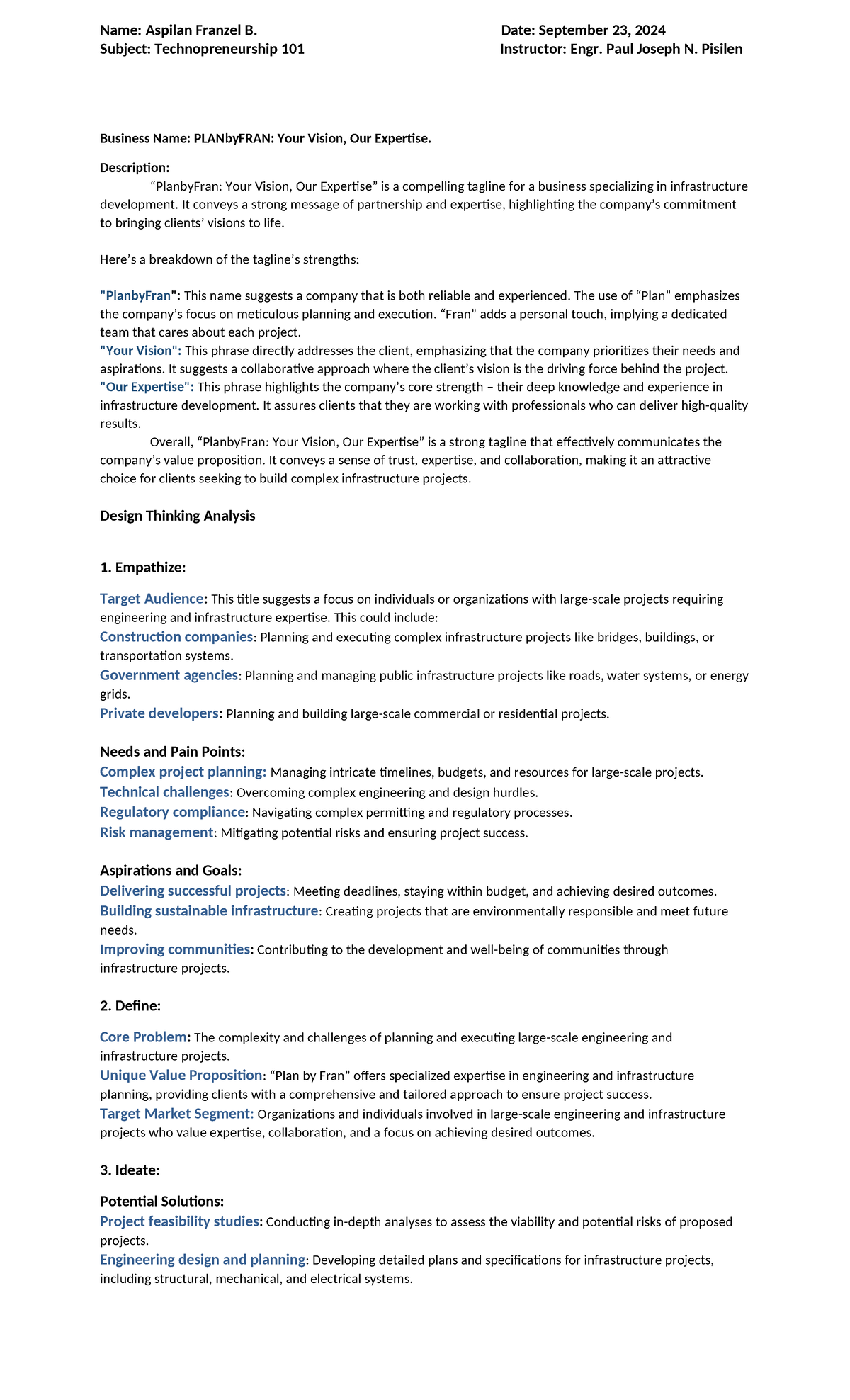 Plan BYfran - a detailed business plan - Name: Aspilan Franzel B. Date ...