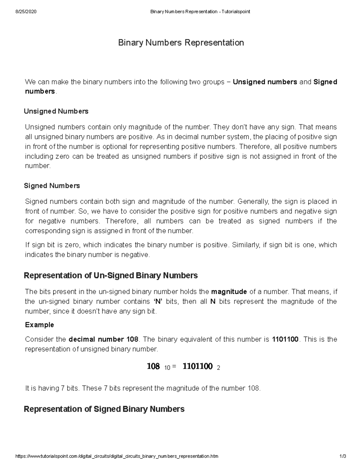 Unit 1 DELD - nothing - 8/25/2020 Binary Numbers Representation - Tutorialspoint - Studocu