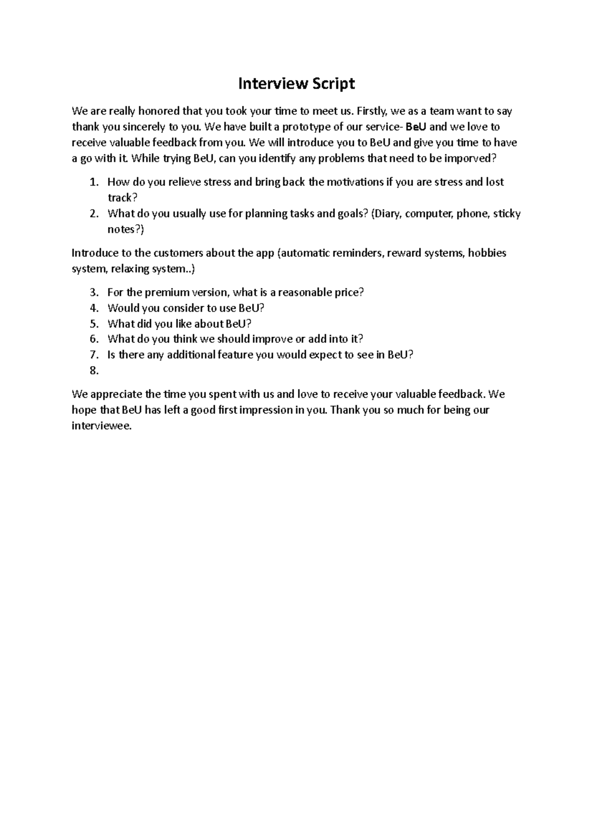 Interview Script with working - Interview Script We are really honored ...