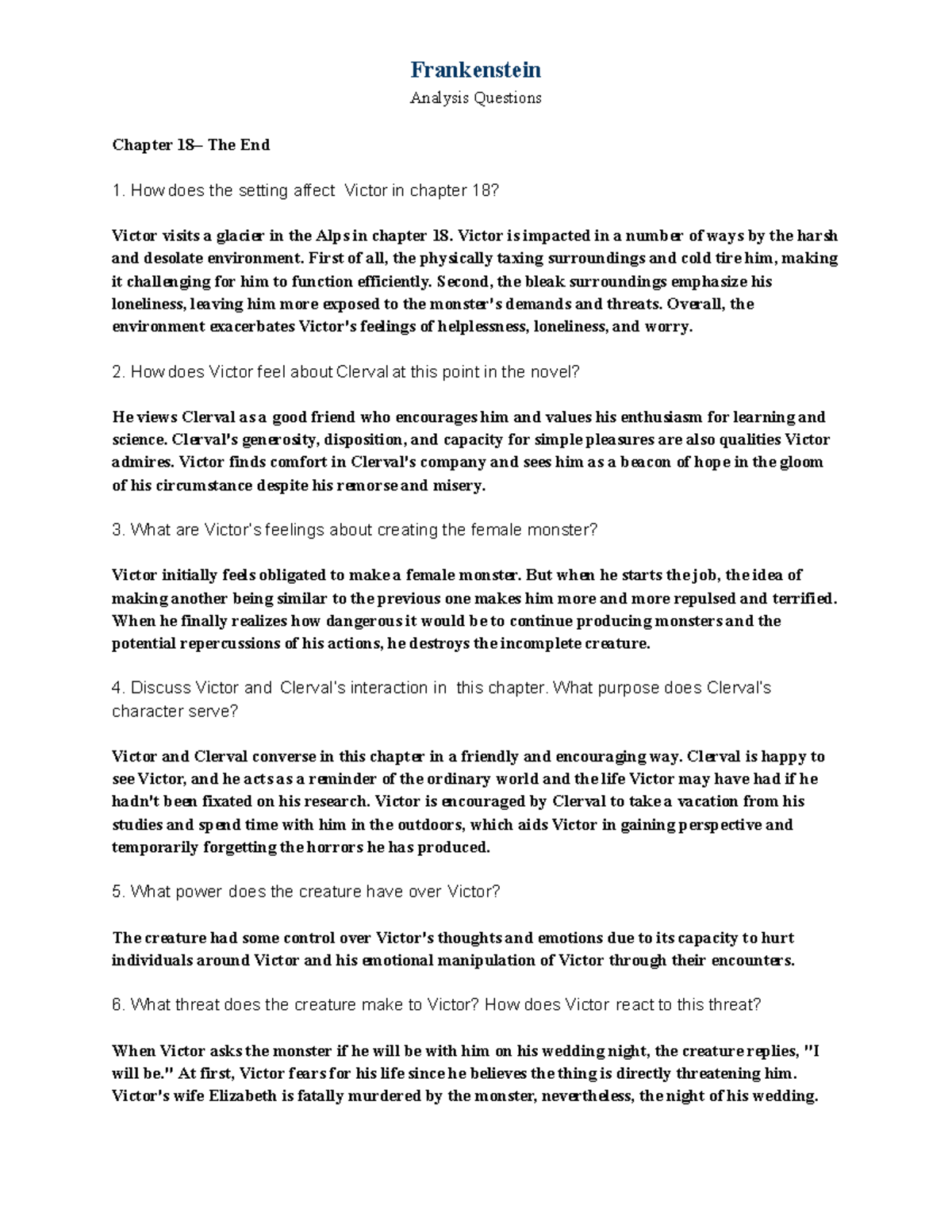 Questions - work - Frankenstein Analysis Questions Chapter 18– The End ...