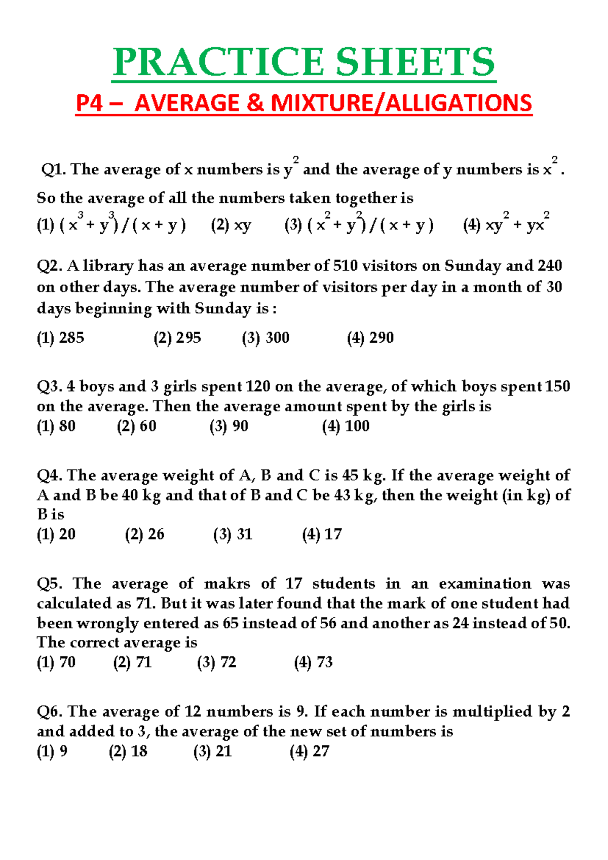P4 - Average, Mixture and Alligations - PRACTICE SHEETS P 4 – AVERAGE ...