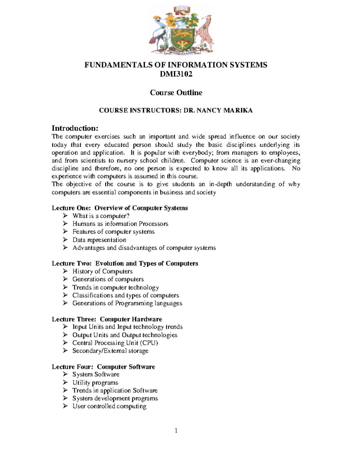 0. DMI3 102 - Fundamentals OF Information Systems course outline - 1 ...