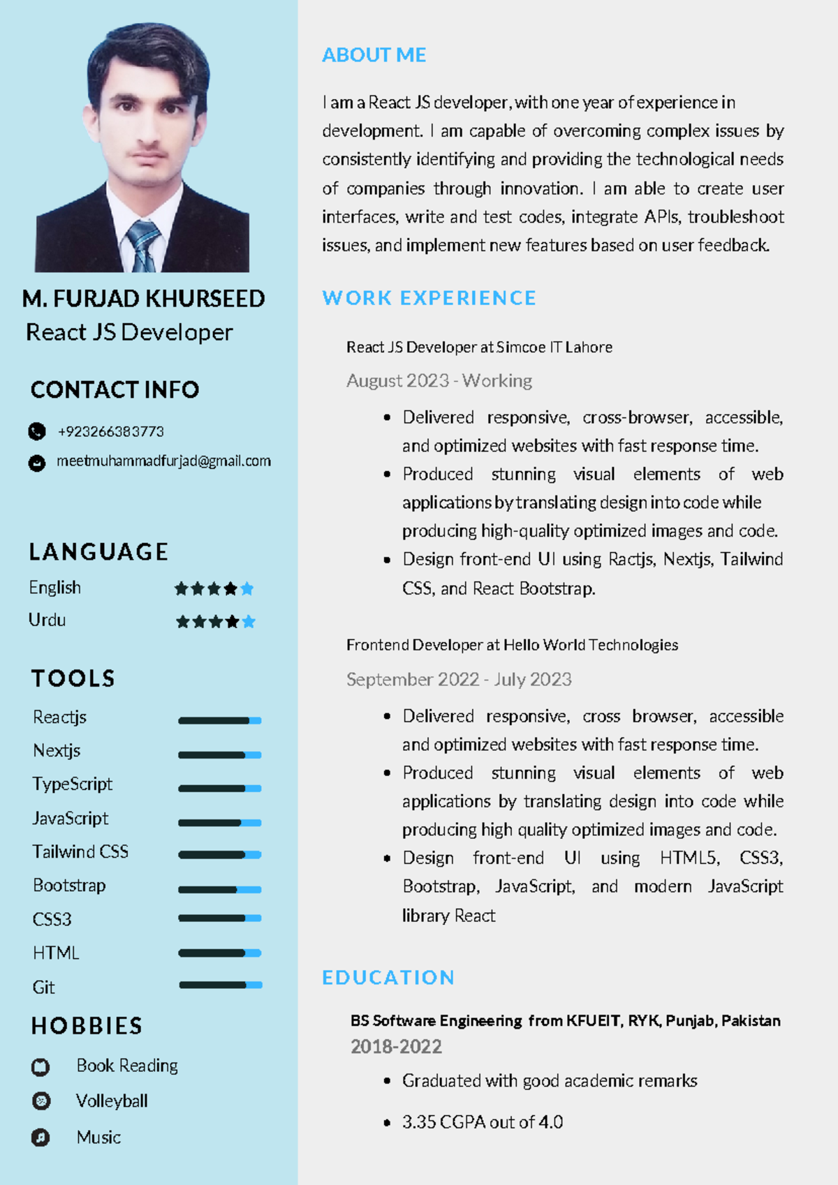 Furjad Khursheed CV - English Urdu Reactjs Nextjs TypeScript JavaScript Tailwind CSS Bootstrap ...