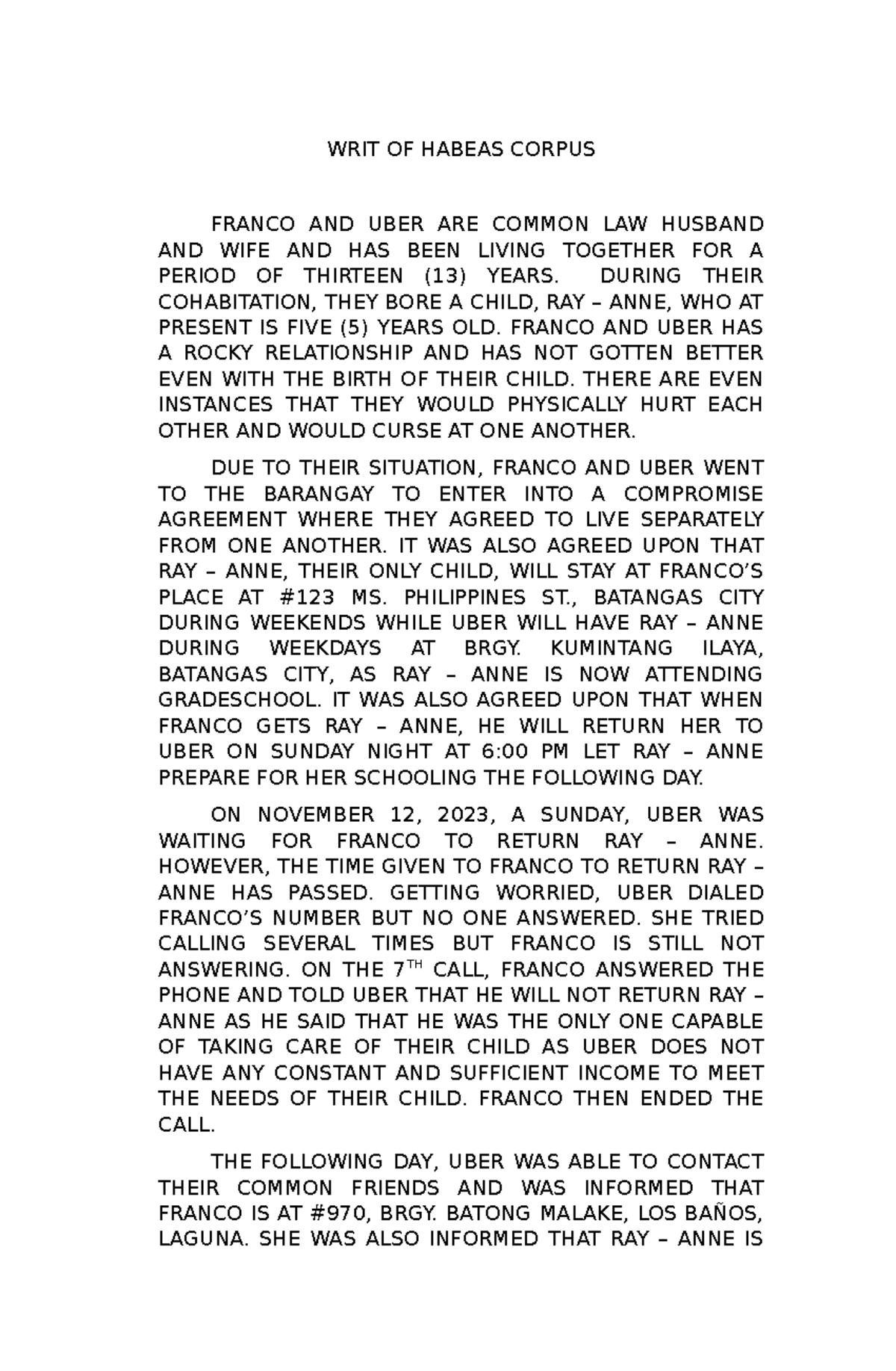 WRIT OF Habeas Corpus AND Kalikasan - WRIT OF HABEAS CORPUS FRANCO AND ...