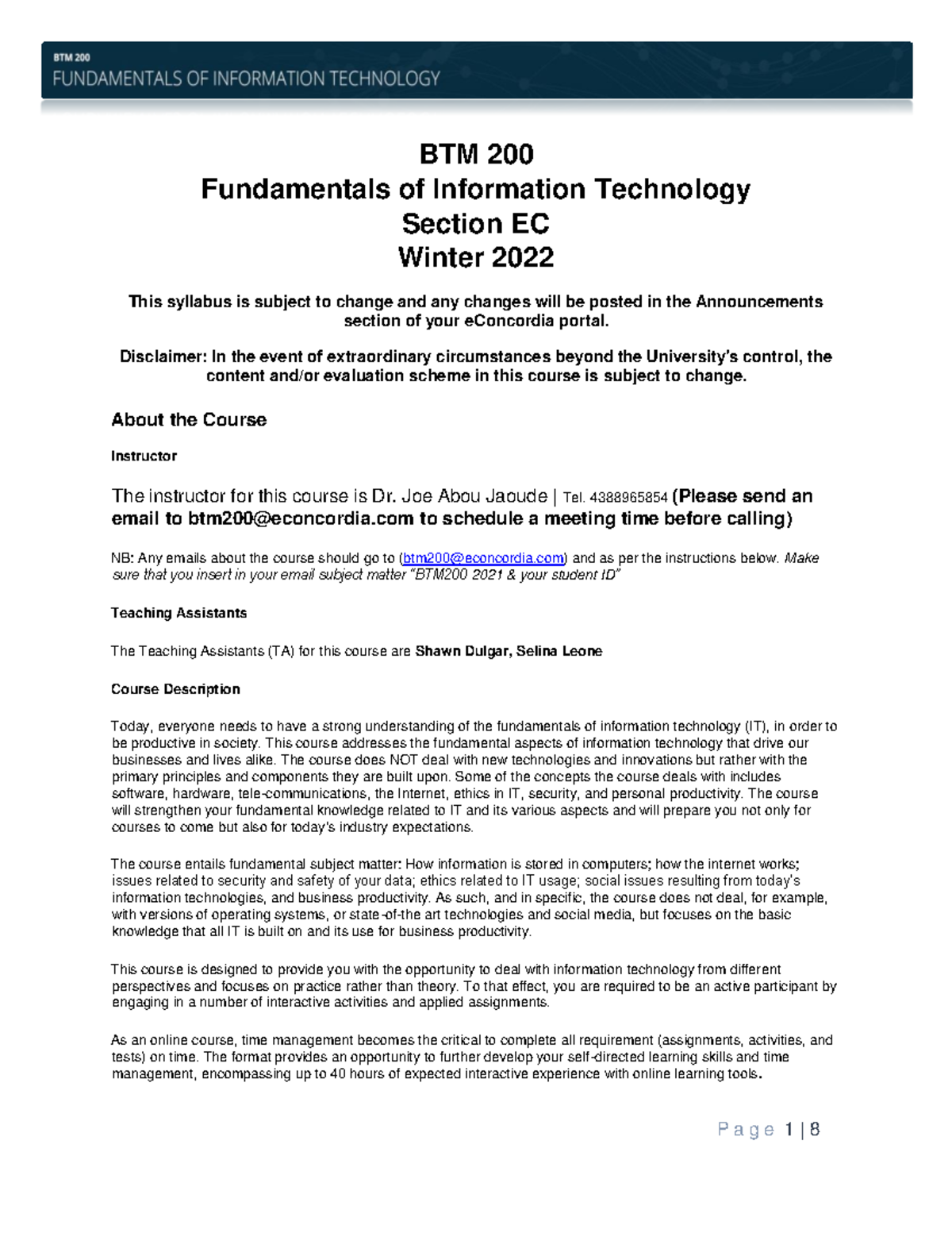 BTM- 200 Course Information - BTM 200 Fundamentals of Information ...