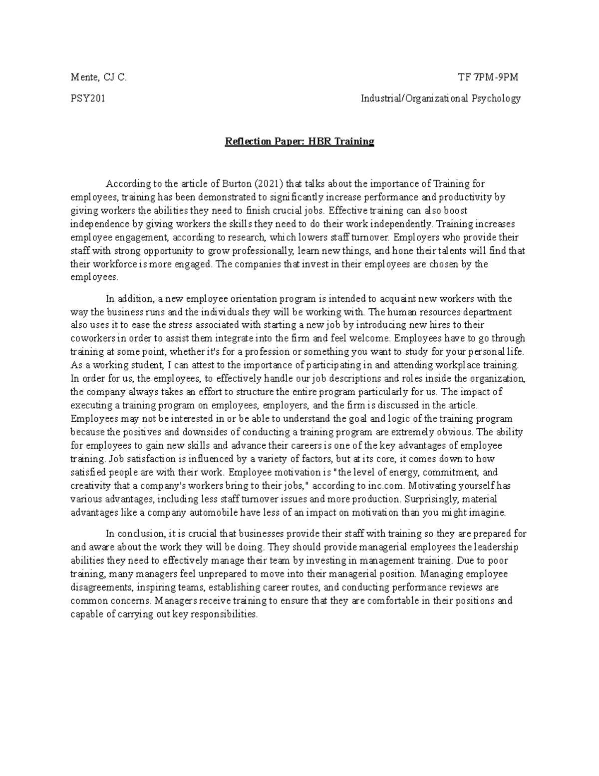 Reflection Paper- HBR Training - Mente, CJ C. TF 7PM-9PM PSY201 ...