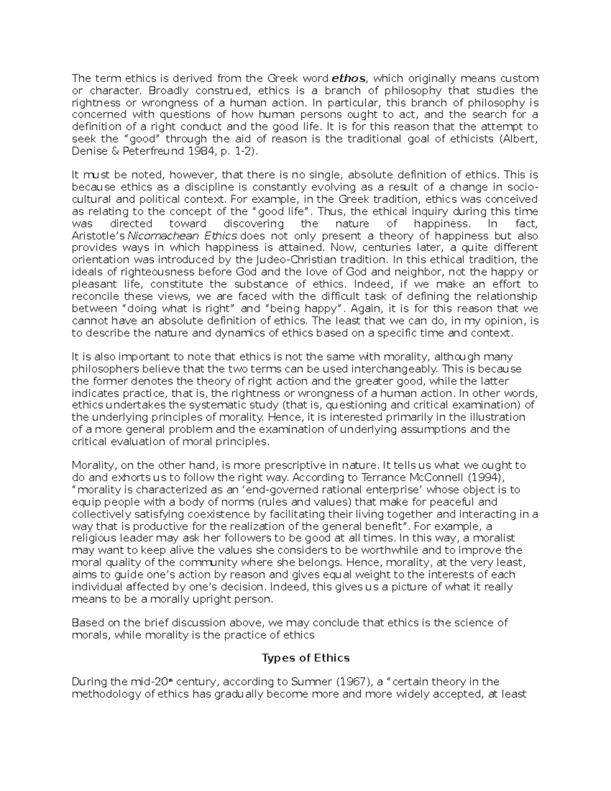 Ethics Intro Handout - The term ethics is derived from the Greek word ...