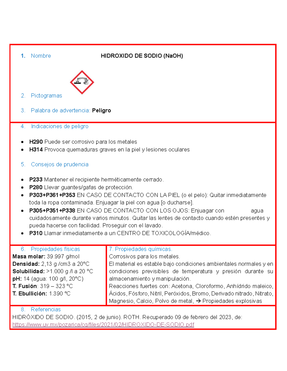 Fichas de seguridad - Nombre HIDROXIDO DE SODIO (NaOH) Pictogramas Palabra de advertencia ...
