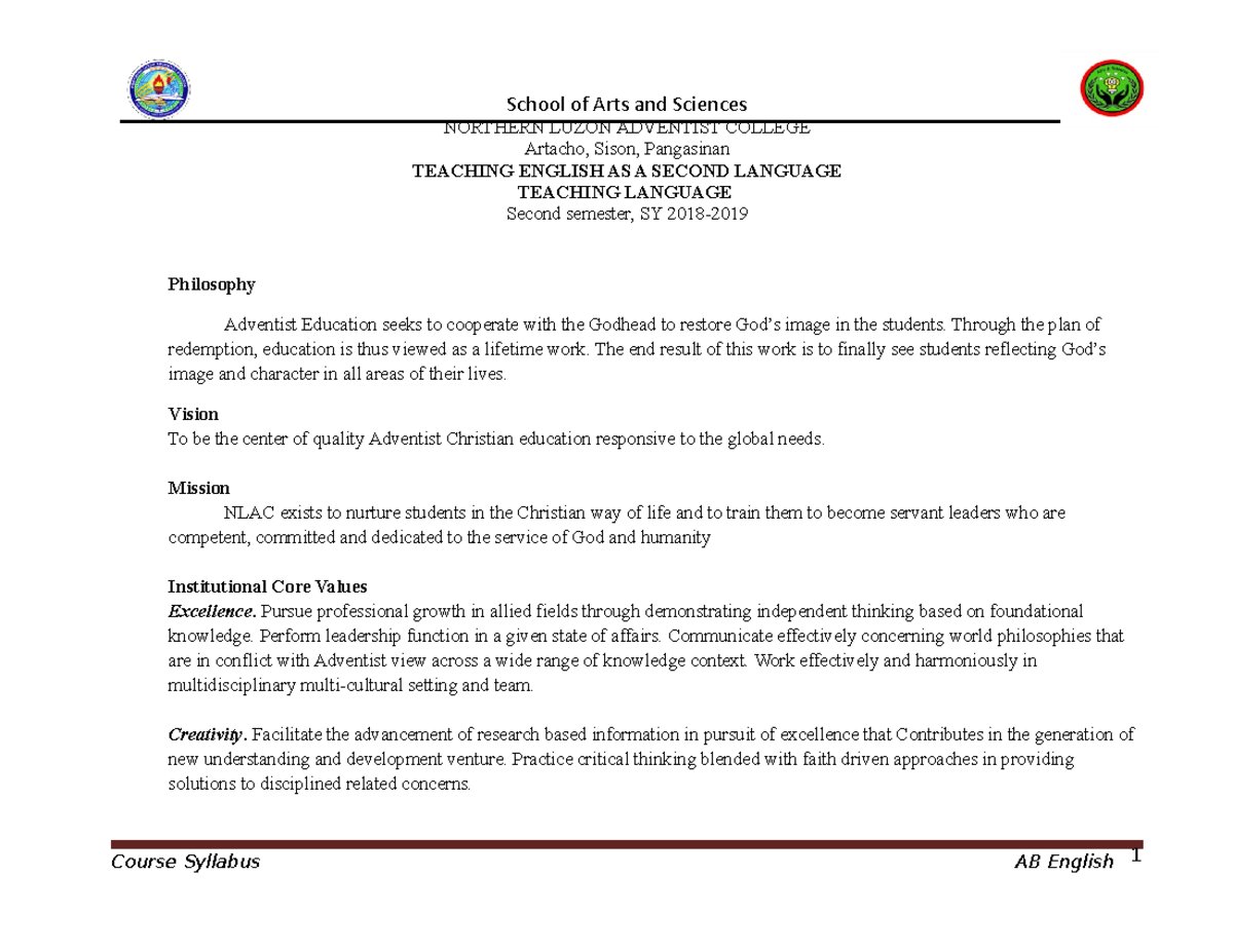 TESL - Teaching English as a Second Language - NORTHERN LUZON ADVENTIST ...