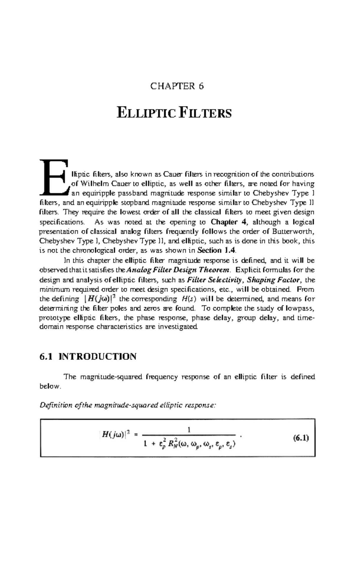 0-306-48012-3 6 - CHAPTER 6 ELLIPTIC FILTERS 6. 1 INTRODUCTION The ...