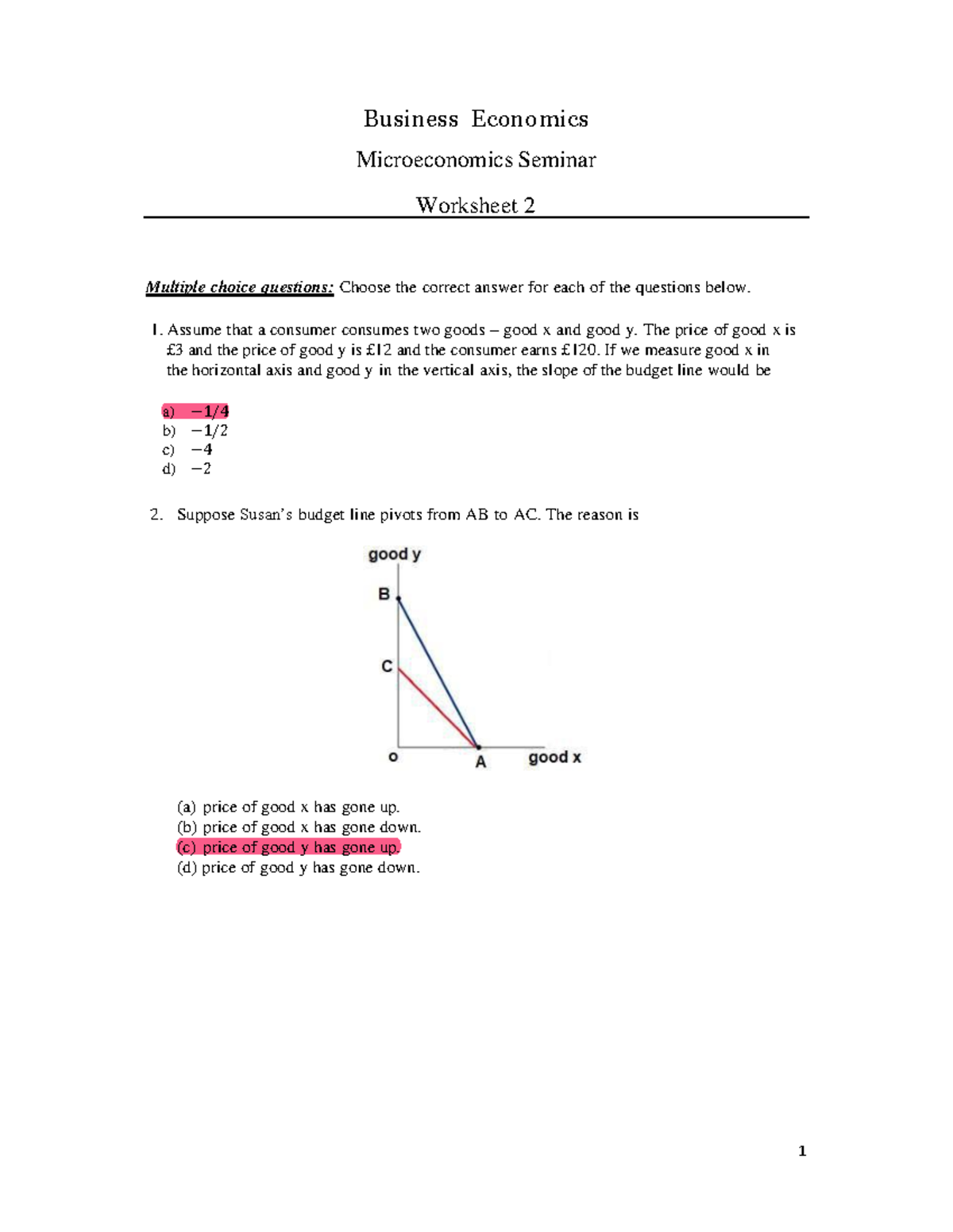 Micro Seminar Worksheet 2 - 1 Business Economics Microeconomics Seminar ...