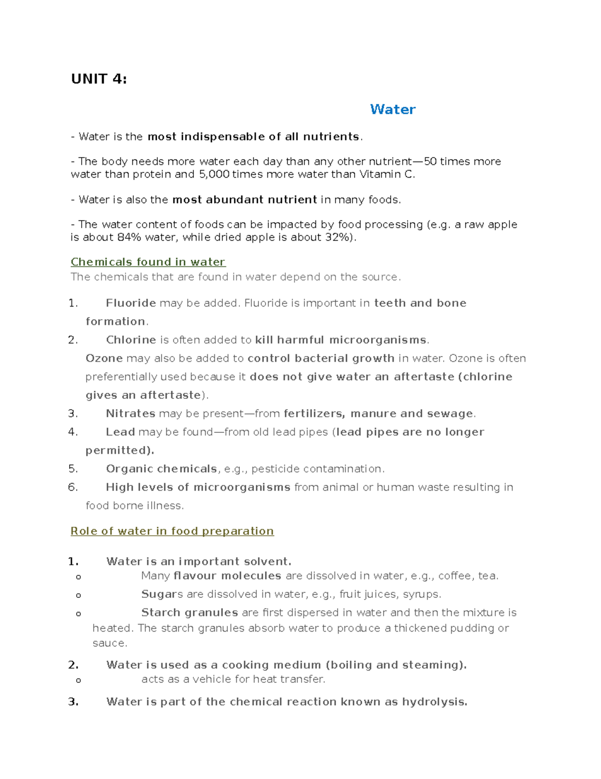 UNIT 4 hsnc 1200 - unit 4 summary - UNIT 4: Water Water is the most ...