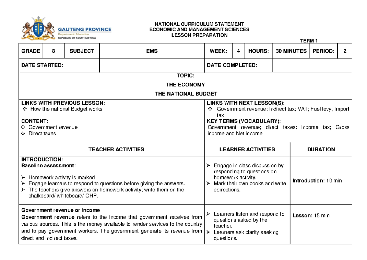 2. WEEK 4 Lesson PLAN 2 - NATIONAL CURRICULUM STATEMENT ECONOMIC AND ...