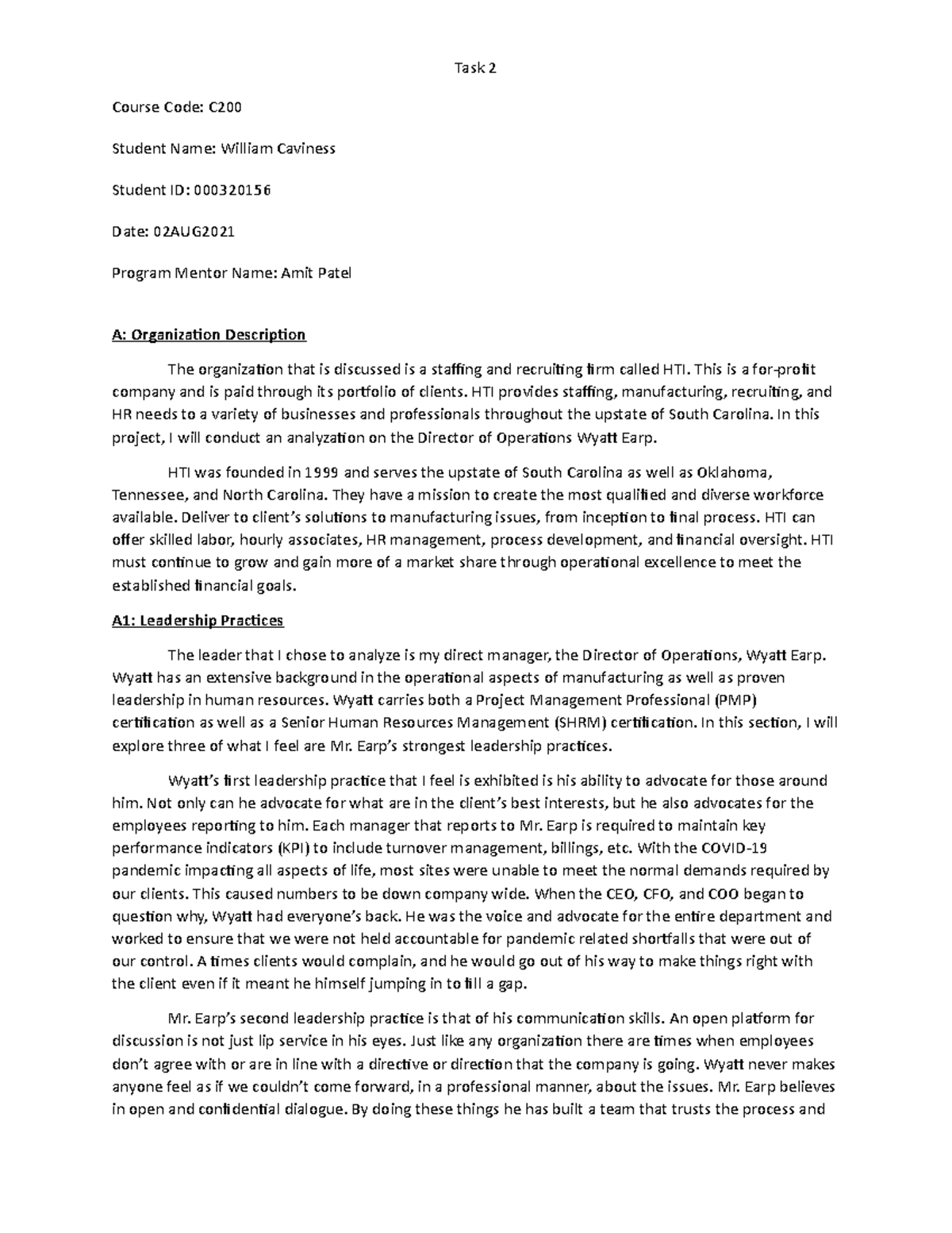 C200 Task 2 - Assignment - Course Code: C Student Name: William Caviness Student ID: 000320156 ...