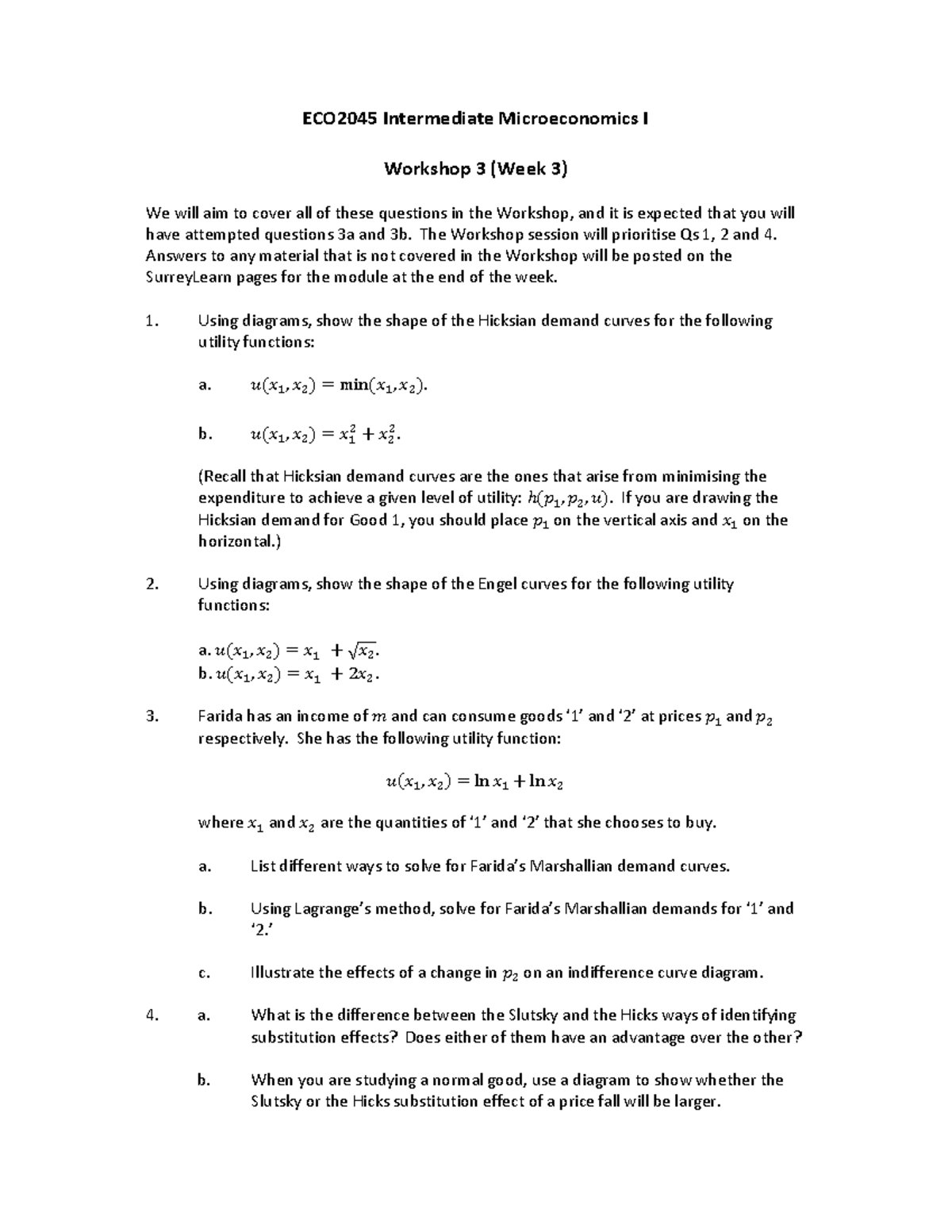 ECO2045 Workshop 3 Question sheet - ECO2045 Intermediate Microeconomics ...