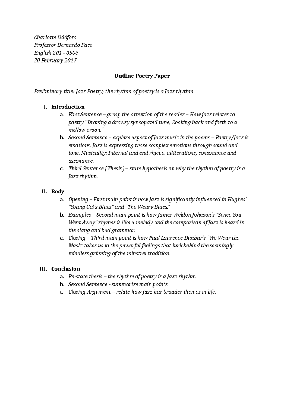 Outline - Poetry Paper - Grade: A - Charlotte Uddfors Professor ...