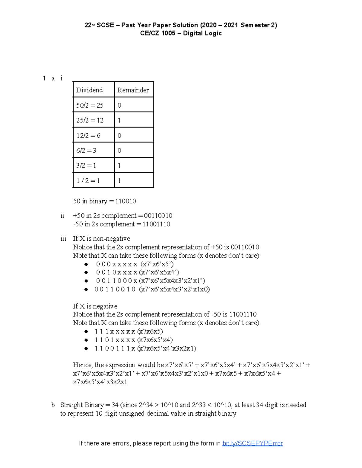 CX1105 Y20-21 S2 - final ans - CE/CZ 1005 – Digital Logic 1 a i Dividend Remainder 50/2 = 25 0 ...