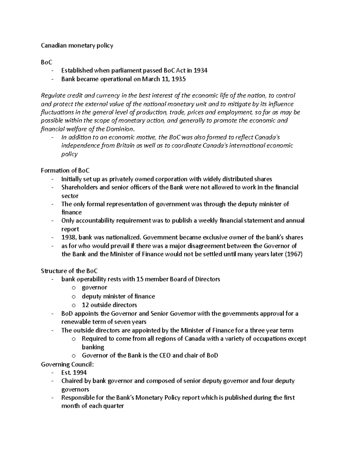 Canadian monetary policy - Canadian monetary policy BoC - Established ...